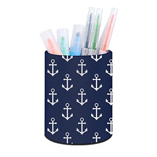Naby Blue Anchor Pen Holder PU Leather Pencil Cup Cute Desk Organizer Makeup Brush Box for Home Office