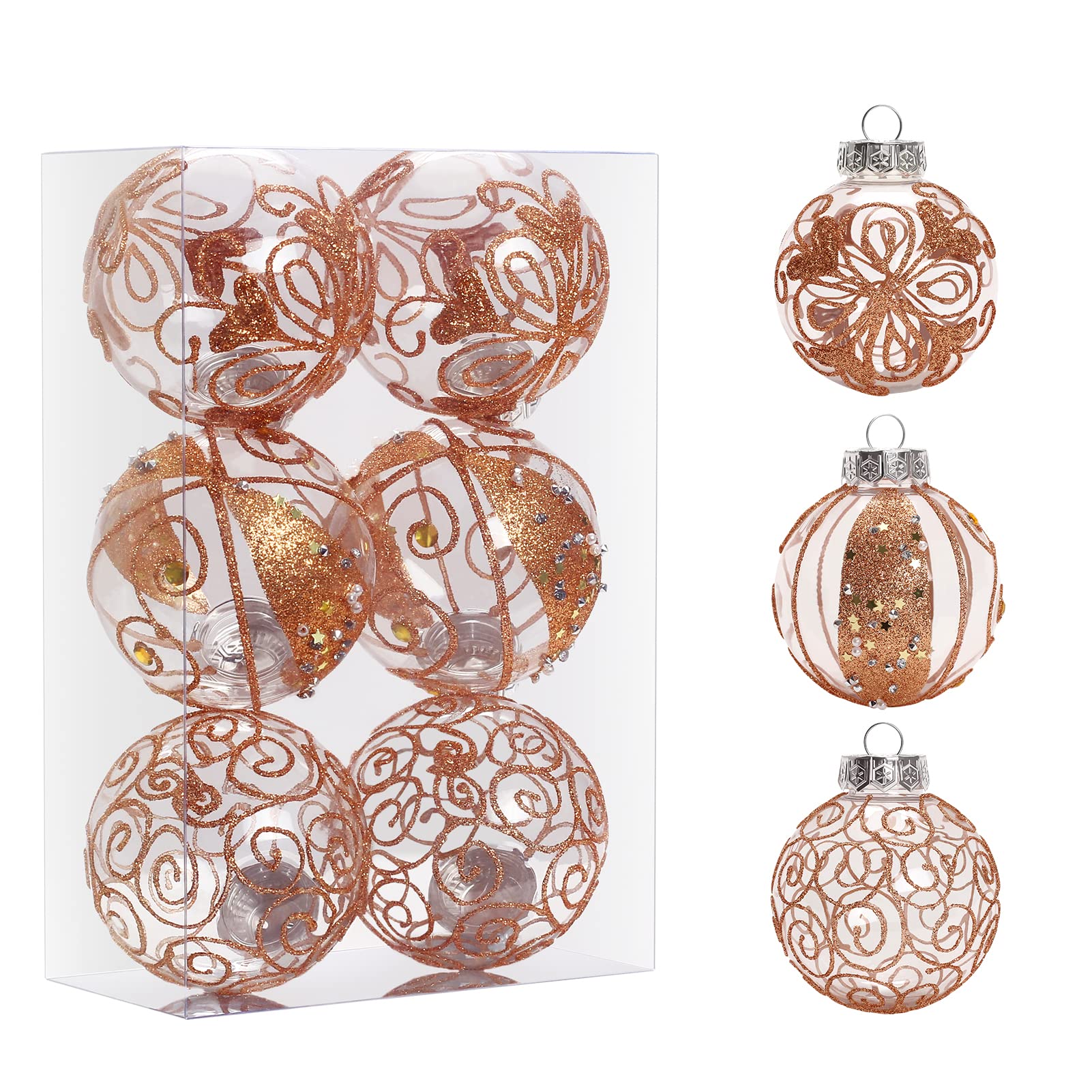 MoonXmas Christmas Ornaments Set, 2.75"/70MM Green Clear Plastic Shatterproof Christmas Tree Hanging Decorations, for Indoor Home Halloween Thanksgiving Xmas Decor - 6Pcs.