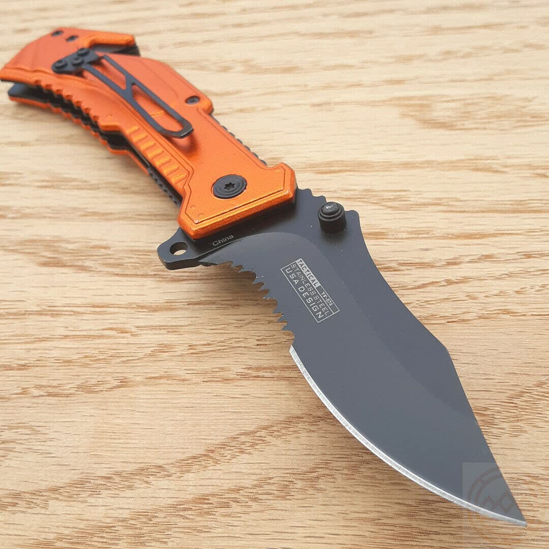Rescue Stainless Steel Open Folding Pocket Knife 3.5" Stainless Blade Black/Orange Aluminum Handle Outdoor Survival Hunting Knife for Camping by Survival Steel