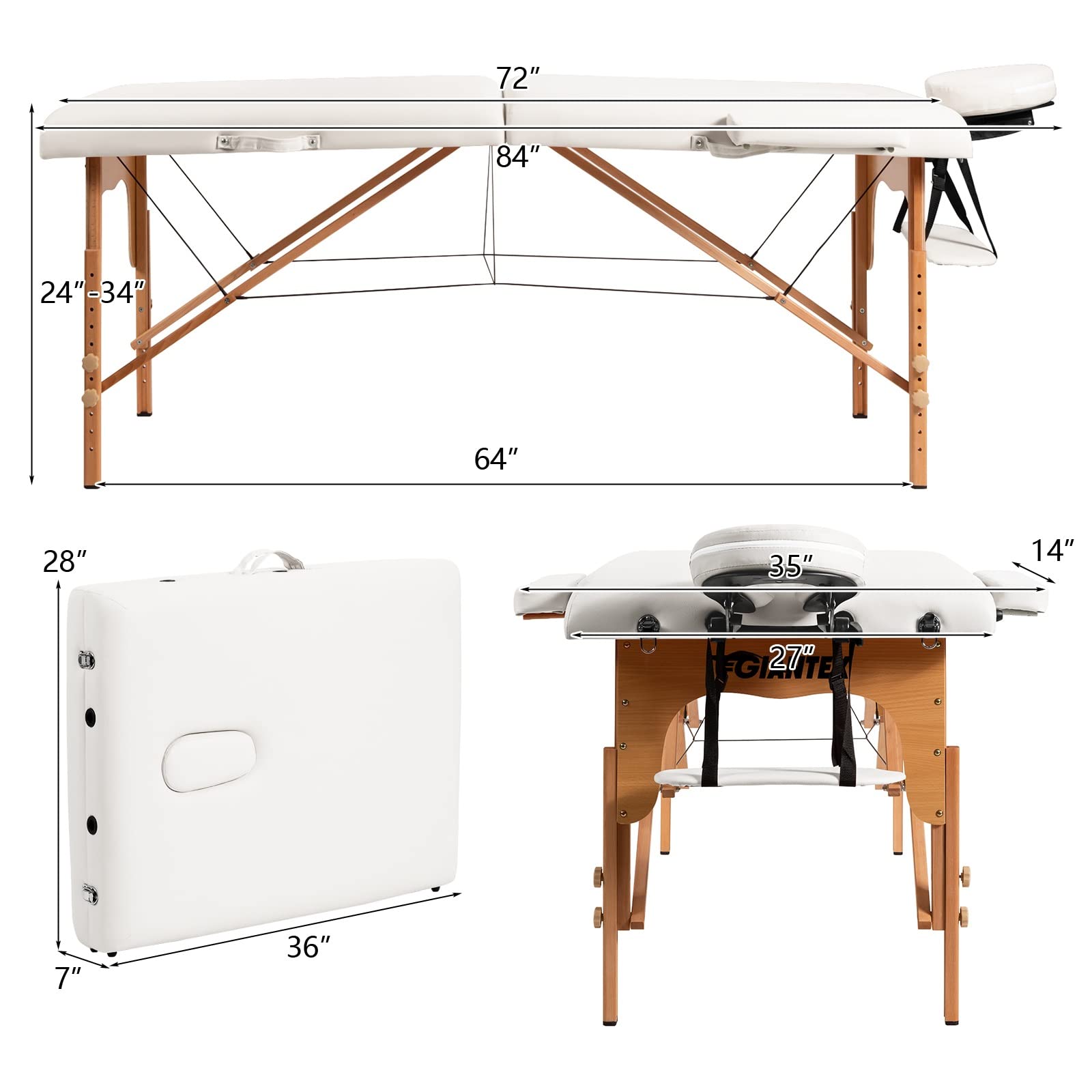 ZHYH 84" L Portable Massage Table Adjustable Spa Bed Tattoo w/Carry Case White