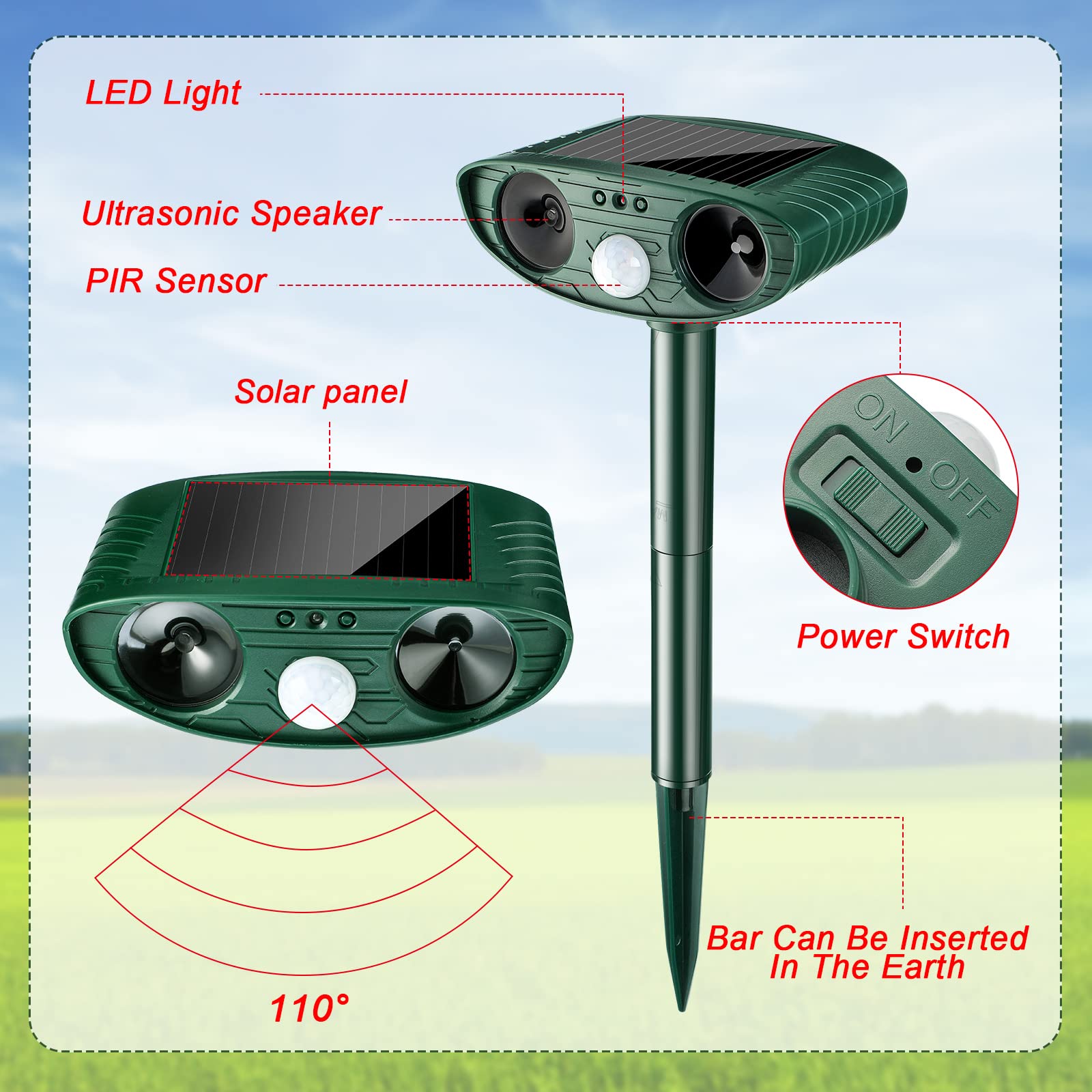 Ultrasonic Animal Repellent Solar Powered Pest Repeller Motion Activated Cat Dog Deterrent Waterproof with Motion Sensor for Squirrels Raccoon Rabbit Fox, Garden Yard Farm (Green, 2 Pieces)