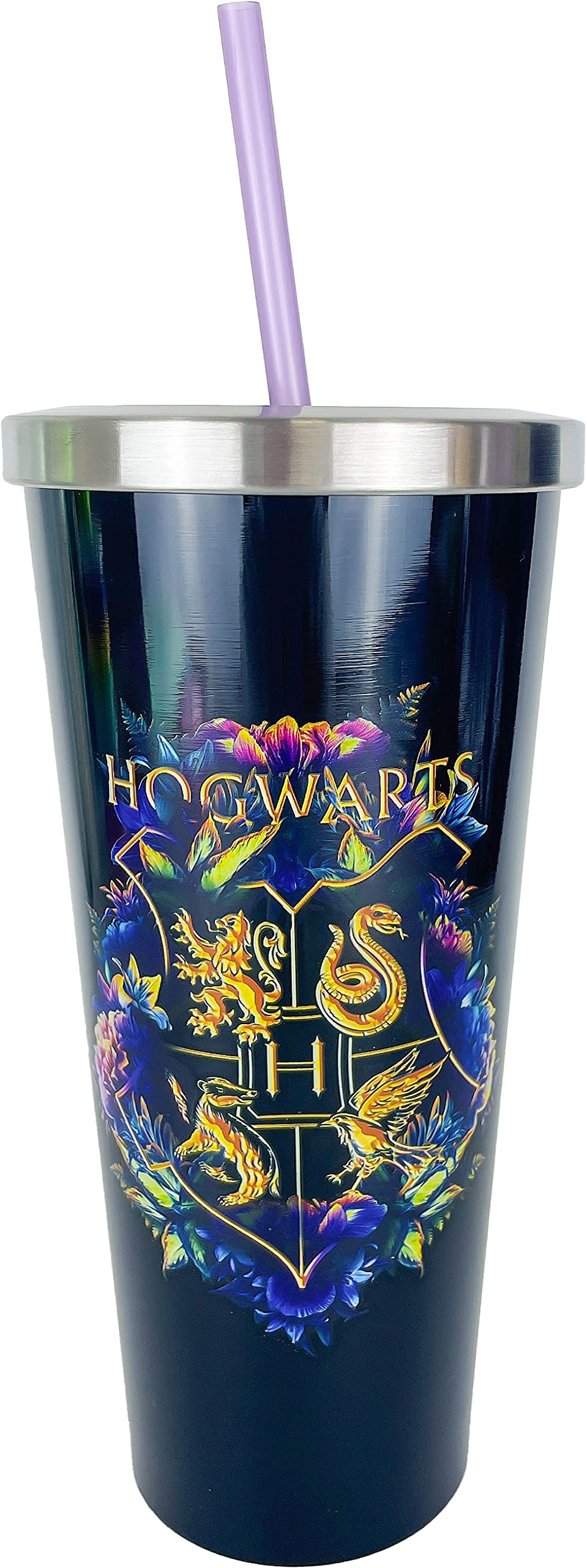 Spoontiques Harry Potter Stainless Steel Cup with Straw - Stainless Steel Drinkware Tumbler - 24 Oz - Hogwarts Crest