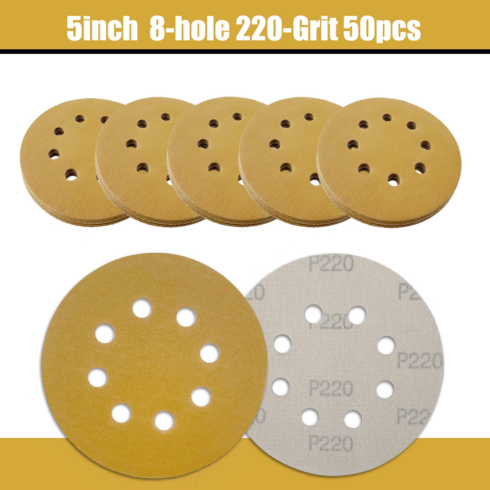QYQRQF 5 Inch Sanding Discs Hook and Loop, 220 Grits 8 Holes Sandpaper Round Orbital Sander Paper for Woodworking Car Boat Metal Polishing, 50pcs