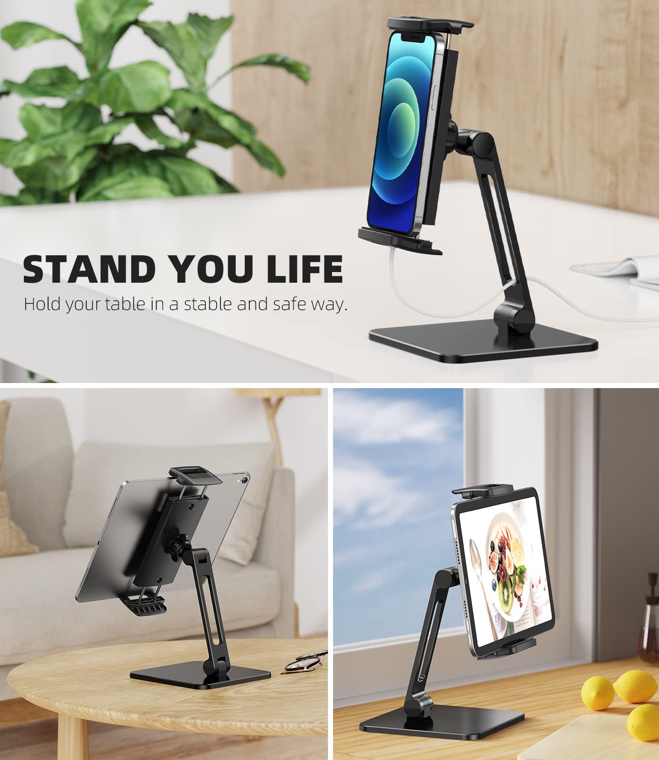 Tablet Stand Holder for desk, Mibhuvan Adjustable & Foldable Aluminium alloy Heavy Duty Base Desktop Stand Holder Dock Compatible with iPad Pro 12.9/11, Air, Mini, Tabs, Kindle, (4.7-13")Tablet, Black