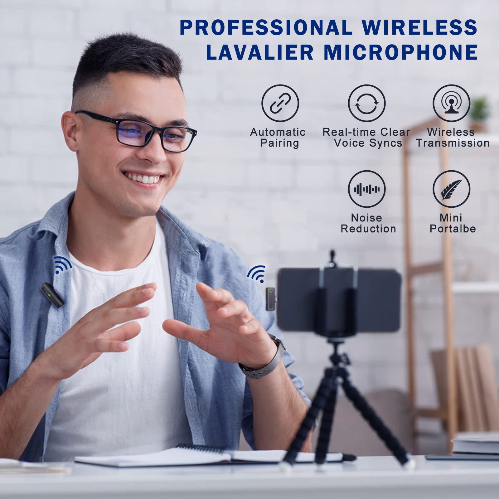 Wireless Lavalier Microphone, Upgraded Plug-and-Play HD Mic Compatible with iPhone/iPad for Youtubers/Tiktok/Facebook Live Stream/Vloggers/Interview, Noise Reduction & Auto-Sync