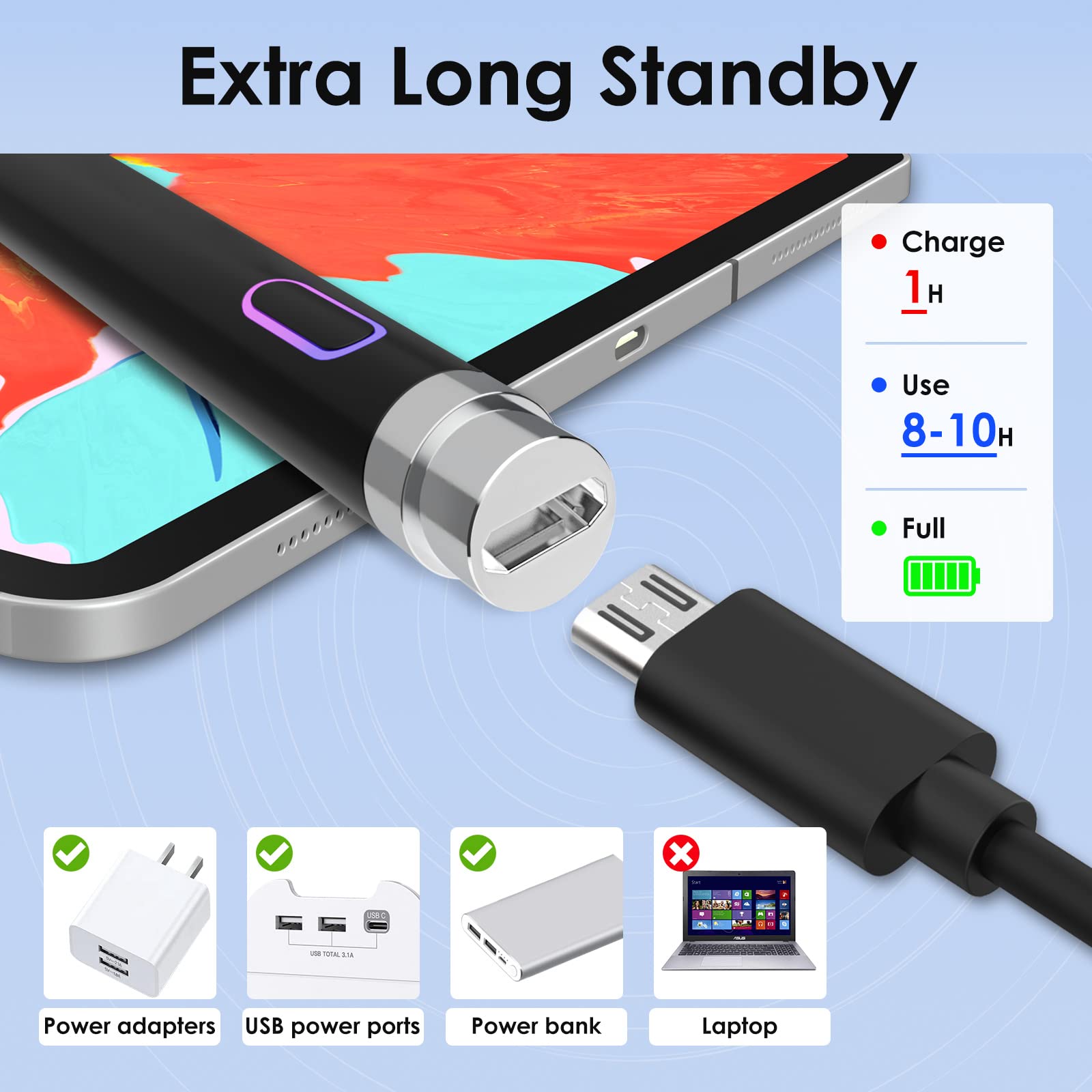 Stylus Pen for iPad, Active Pencil Compatible with Apple iPad Pro 9.7/10.5/11/12.9 Inch Air 2nd/3rd/4th iPad 4/5/6/7/8/9th Gen Mini 4/5/6th Alternative Drawing Writing Stylist for Touch Screens