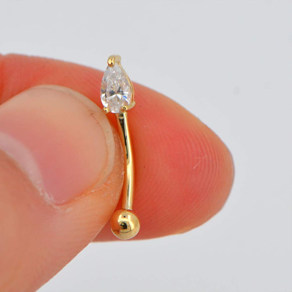 OUFER 14K Solid Gold Rook Earring Teardrop CZ Prong Set Top 16ga Eyebrow Curved Rings Rook Piercing