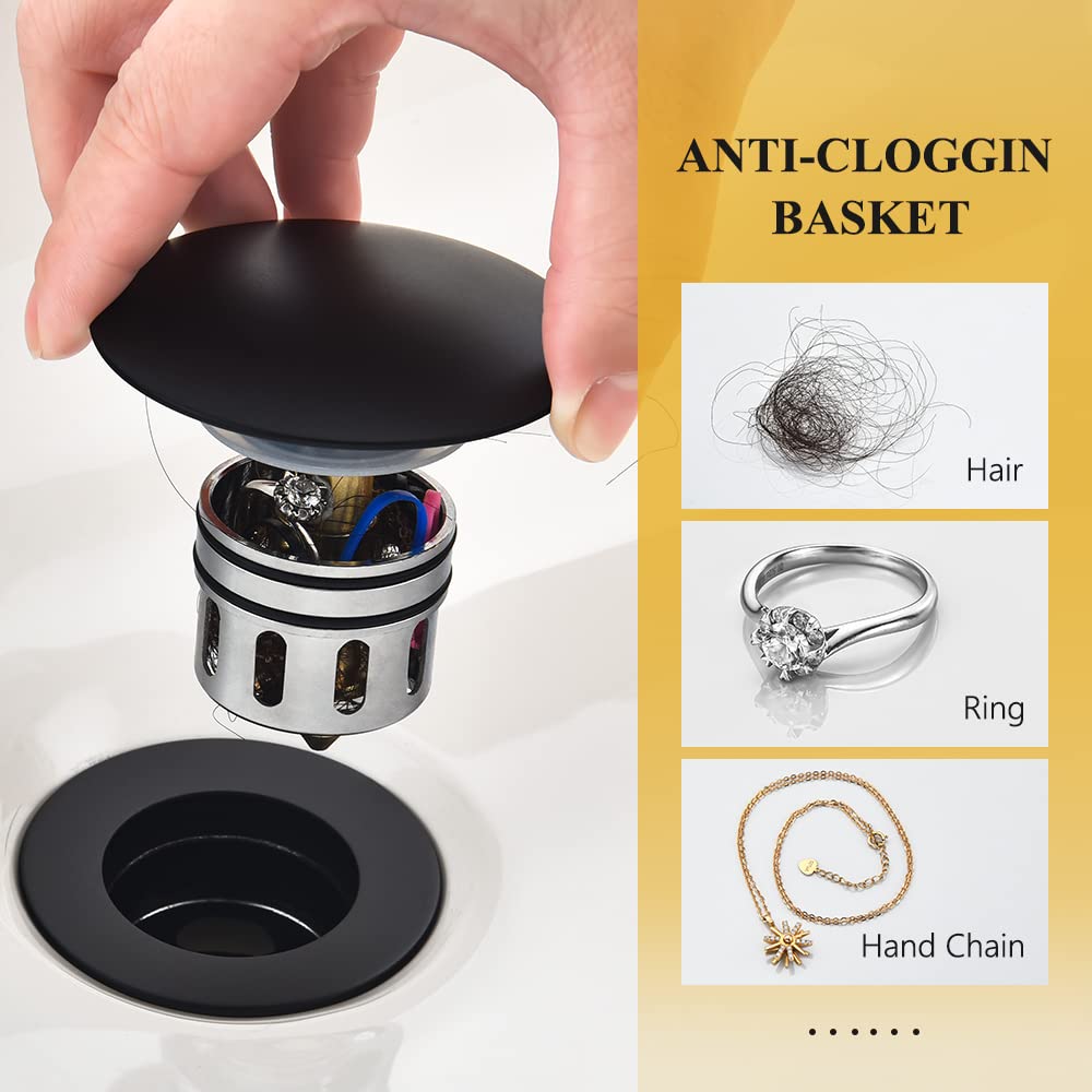 Yodel Faucet Matte Black Bathroom Sink Pop up Drain Stopper with Overflow for Vessel Lavatory Vanity Sink, Included Built-In Anti-Clogging Strainer Basket Hair Catcher
