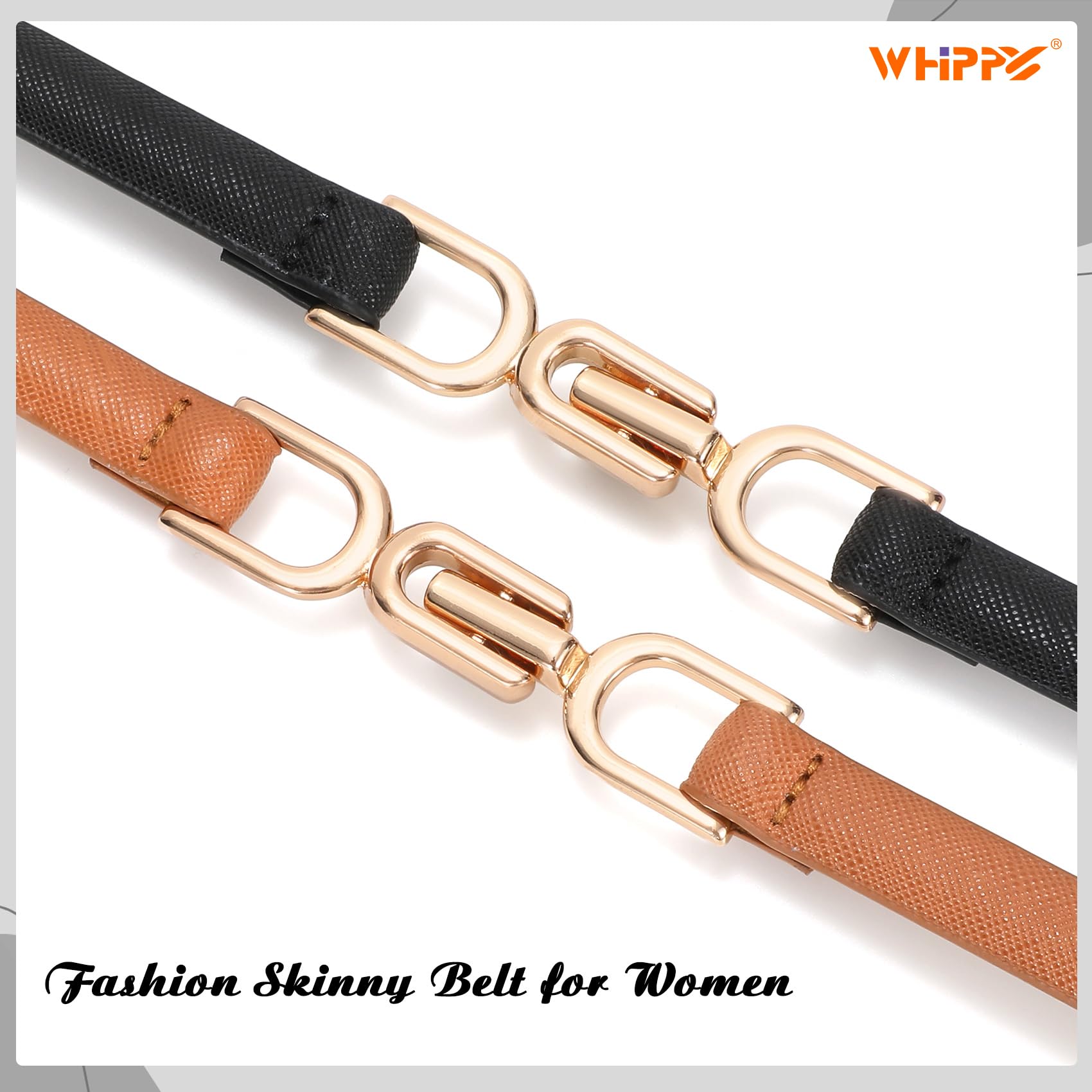 WHIPPY 2 Pack Women Skinny Leather Belt Adjustable Thin Waist Belt Fashion Buckle Belt for Dress,black+brown