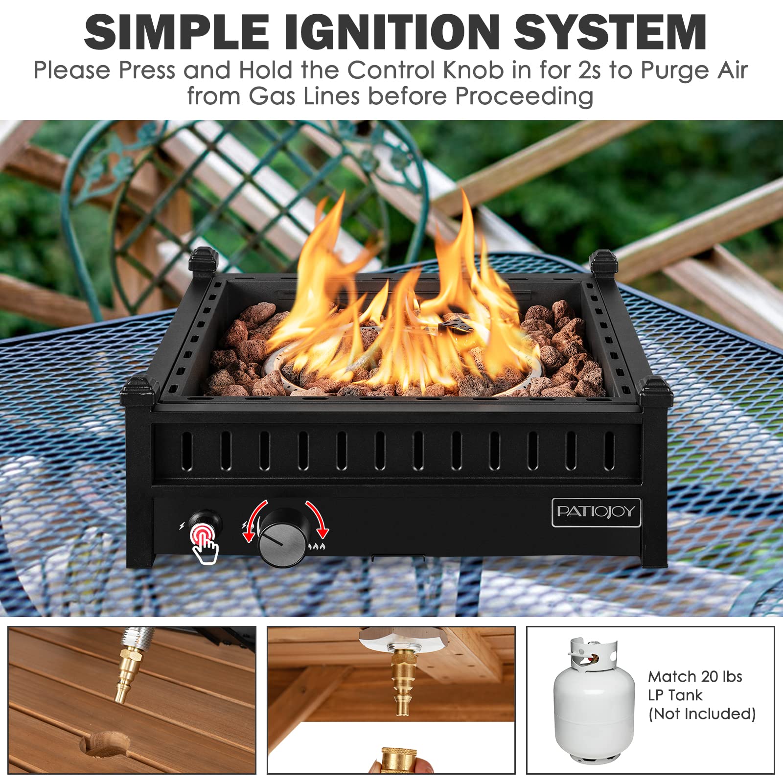 Tangkula Portable Tabletop Propane Fire Pit, Patiojoy 40,000 BTU Table Top Fireplace with Simple Ignition System, Adjustable Flame, Square Propane Firepit Bowl for Outdoors, Fit 2β Umbrella Hole Table