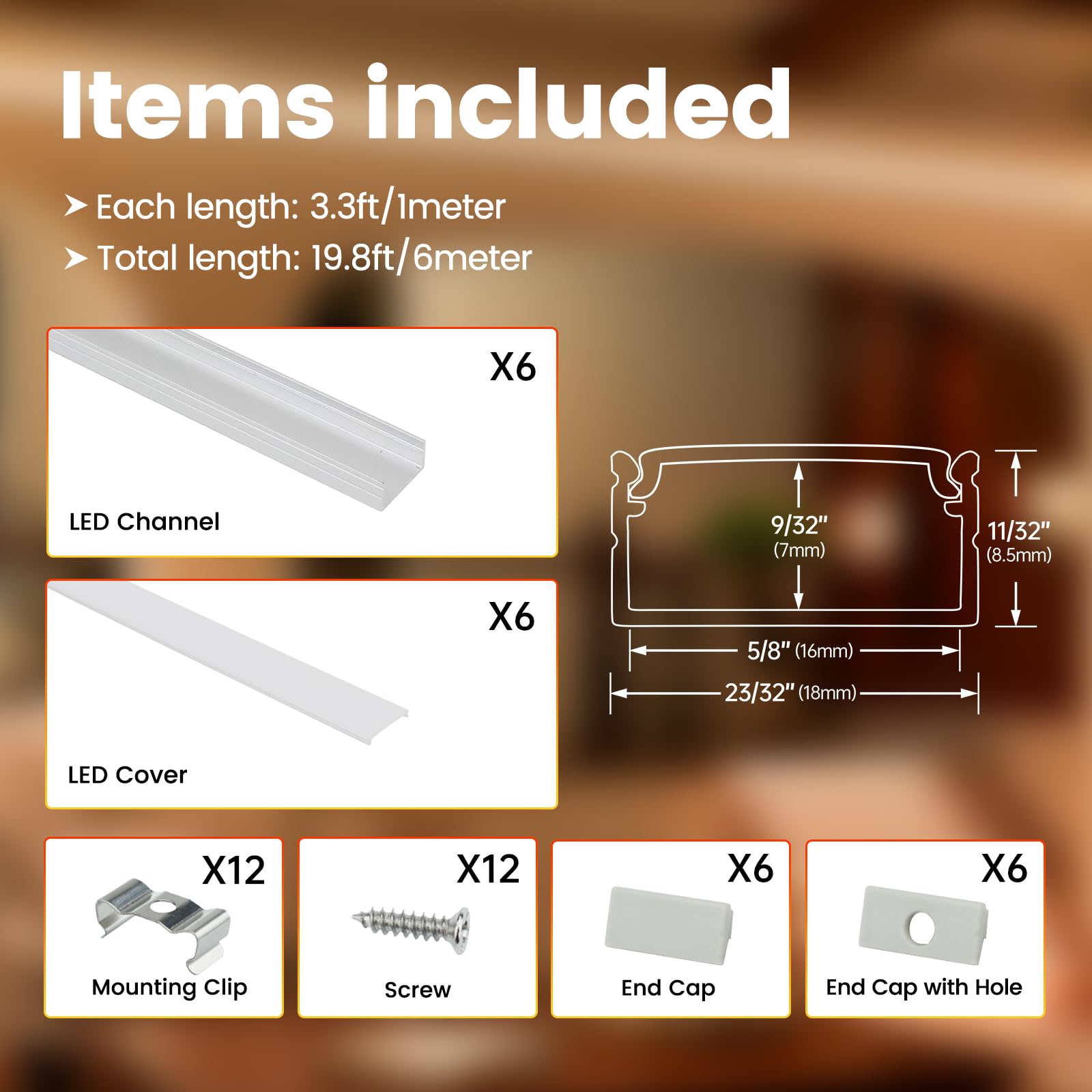 Muzata 6Pack 3.3FT/1M Wider LED Channel System with Milky White Cover Silver Aluminum LED Strip Channel for Waterproof LED Strips up to 16mm U102 WW