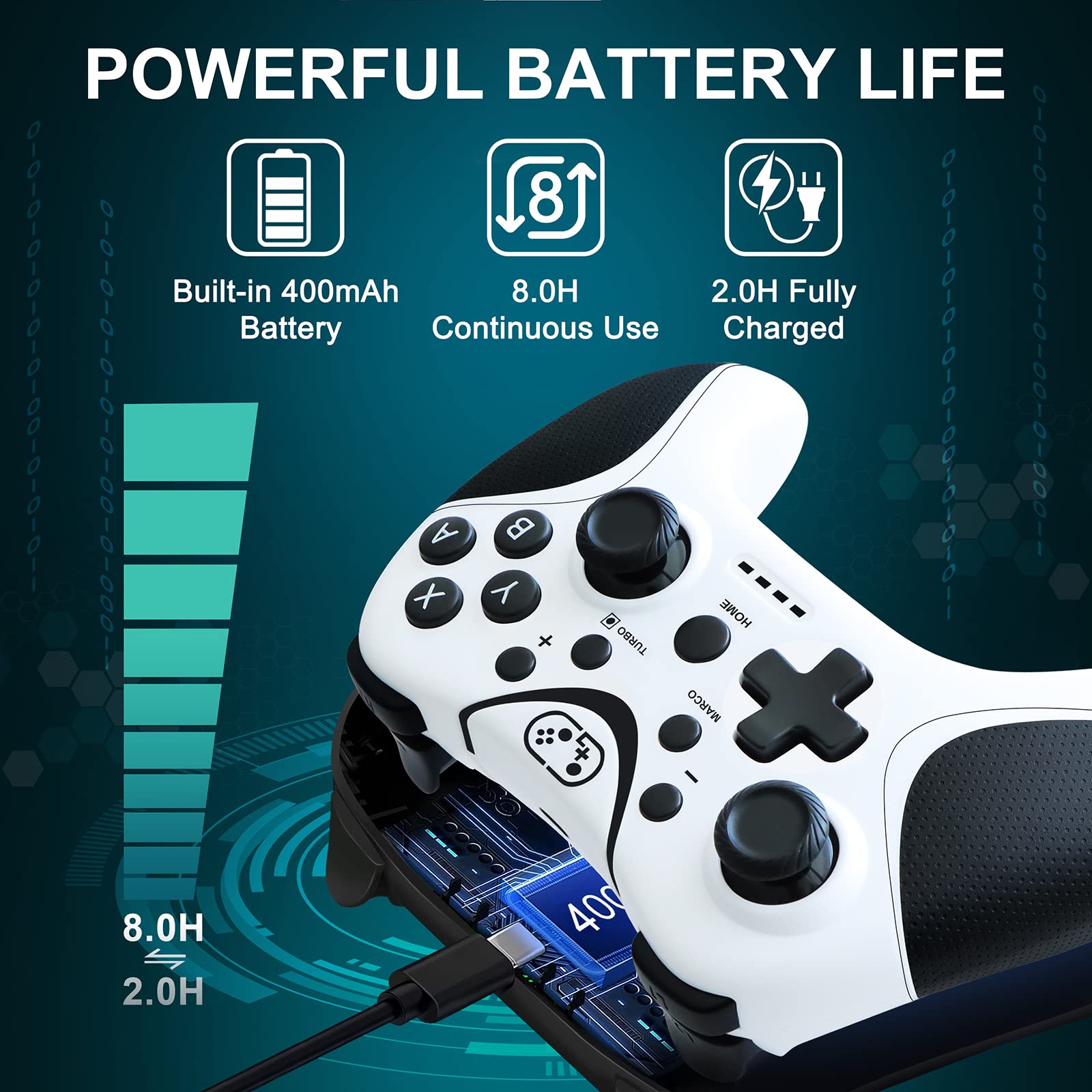 Wireless Switch Controller for Nintendo Switch/Lite/OLED/PC, Switch Pro Controller with Programmable Macros, Extra Remote Gamepad Switch Control with Adjustable Turbo Vibration, Ergonomic Good Grip, White+Black