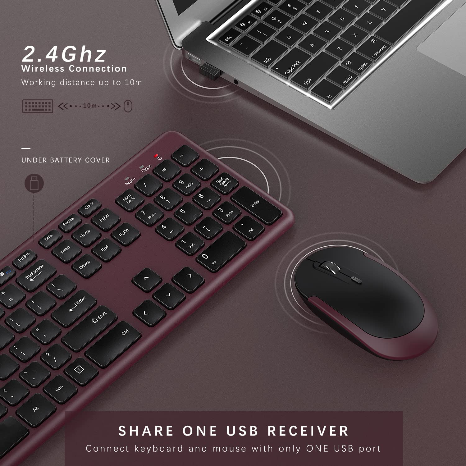 Wireless Keyboard Mouse Combo, Full-Sized 2.4GHz Ultra Thin Silent Cordless Keyboard Mouse Sets (Red)