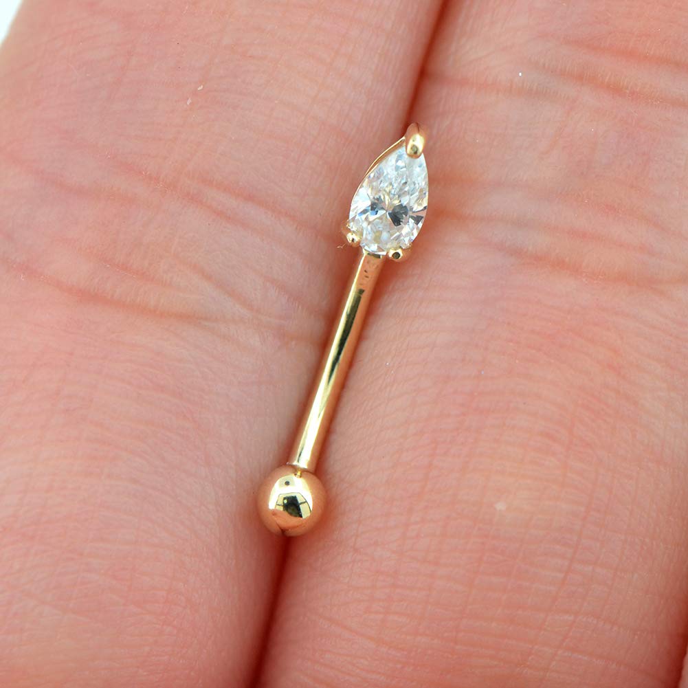 OUFER 14K Solid Gold Rook Earring Teardrop CZ Prong Set Top 16ga Eyebrow Curved Rings Rook Piercing