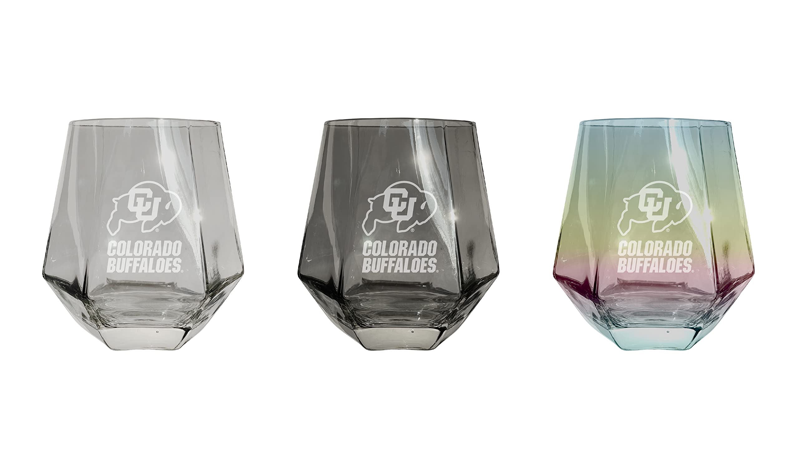 R and R Imports Colorado Buffaloes Etched Diamond Cut Stemless 10 Ounce Wine Glass Grey 2-Pack Officially Licensed Collegiate Product
