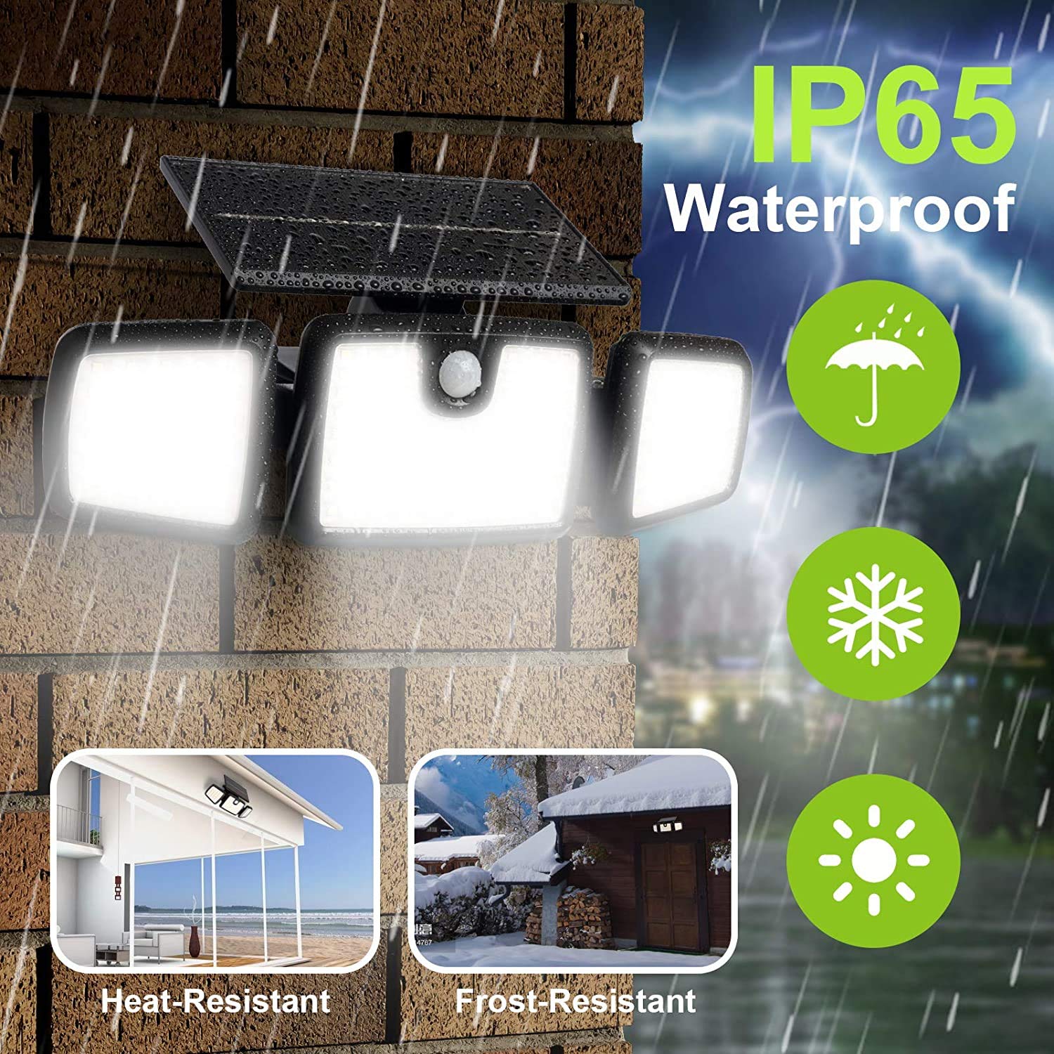 Solar Lights Outdoor, 176 LED Wireless Led Solar Motion Sensor Lights Outdoor, 3 Heads 270. Wide Angle with 3 Lighting Modes, IP65 Waterproof Solar Security Lights for Front Door Yard Garage(2-Pack)