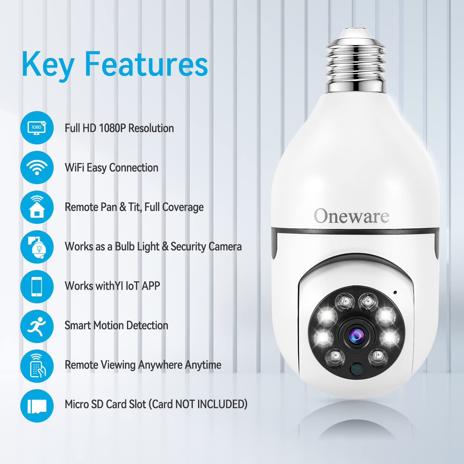 Wireless Light Bulb Security Camera 1080P Pan Tilt Wireless 360 Degree Floodlight Night Vision with Floodlight Human Motion Detection and Alarm Included 64GB Memory Card