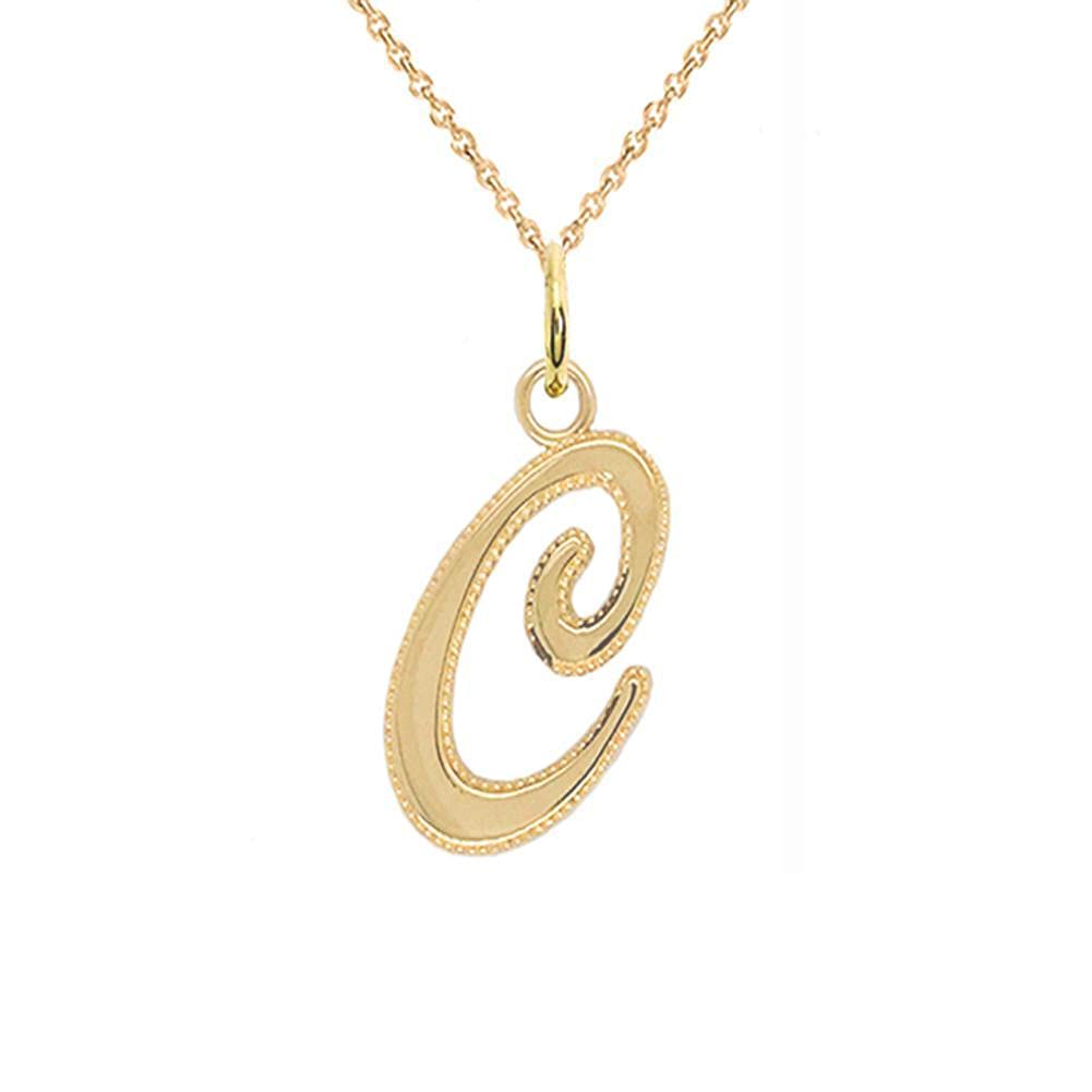 Solid 10k Yellow Gold Personalized Cursive-Style "C" Initial Pendant Necklace (Size MED), 18"