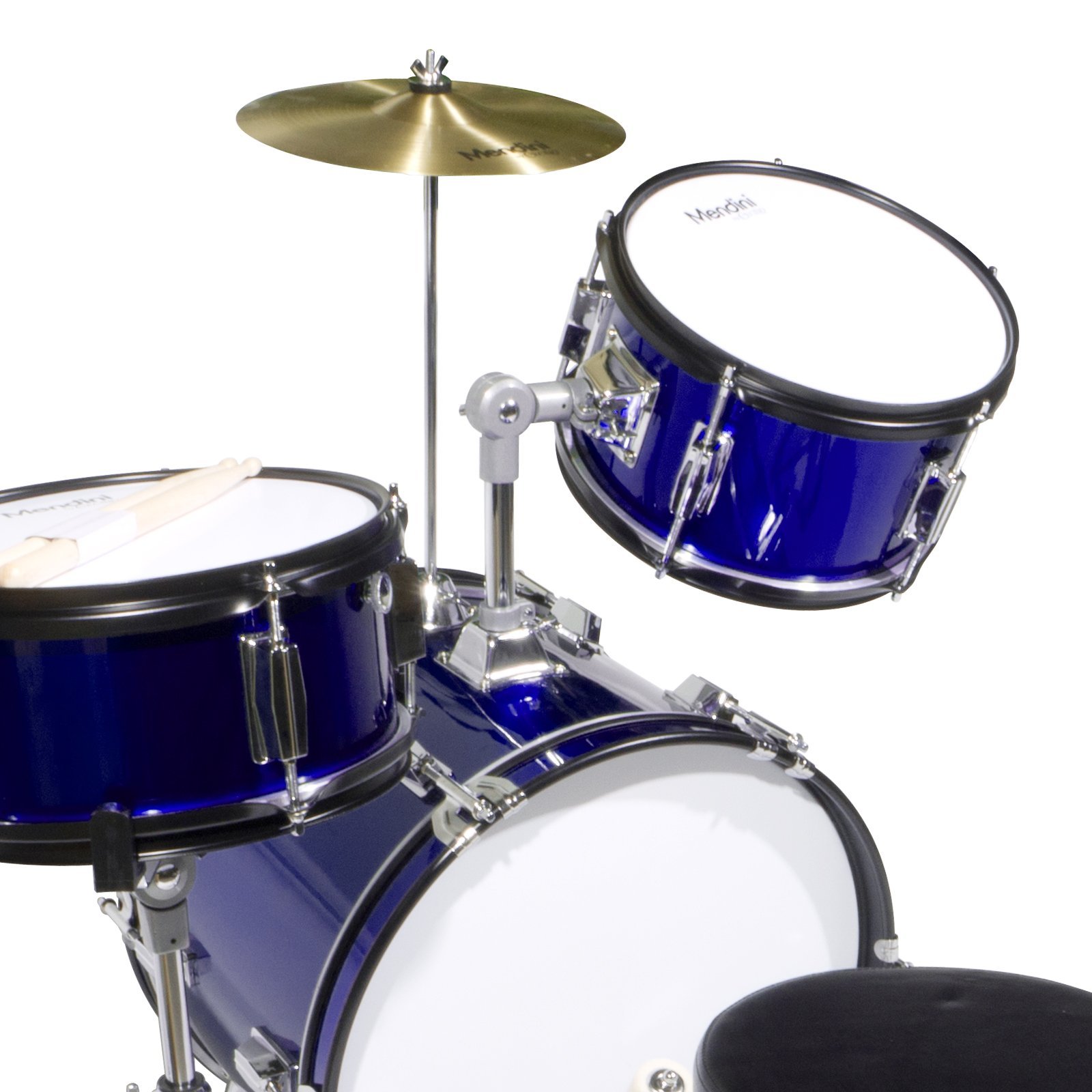 Mendini By Cecilio Drum Set β 3-Piece Kids Drum Set (16"), Includes Bass Drum, Tom, Snare, Drum Throne - Musical Instruments for Age 6-12, Metallic Blue Drum Kit