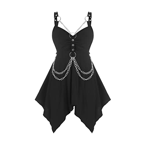Women V-Neck Gothic Tank Top Halloween Gothic Strap Sleeveless Tops Vest Chain Corset Top Black