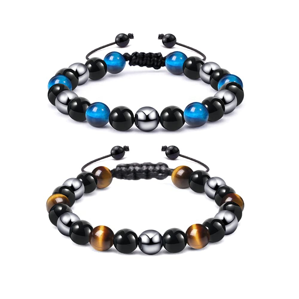 SOOWOOT 2-4Pcs Triple Protection Bracelet - Tiger Eye & Obsidian & Hematite Triple Bracelet Bring Protect Good Luck and Prosperity for Men Women (D:2pcs-Weave)