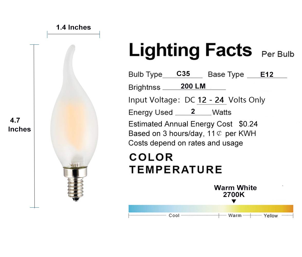 OPALRAY Low Voltage DC 12V 2W LED Candelabra Bulb, Dimmable with 12Volt DC Dimmer, 2700K Warm White Light, E12 Small Base, 25W Incandescent Replacement, Solar System 12V Battery Power, 5-Pack