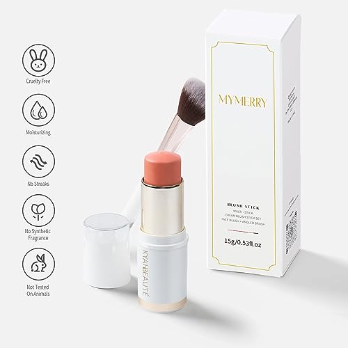 MYMERRY Blush Stick, Cream Blush for Cheeks and Lip Tint, Dewy Finish, Buildable & Blendable Color, Lightweight & Long-Lasting Formula | Tender-Peach & Angled Blush Brush(0.53fl.oz)