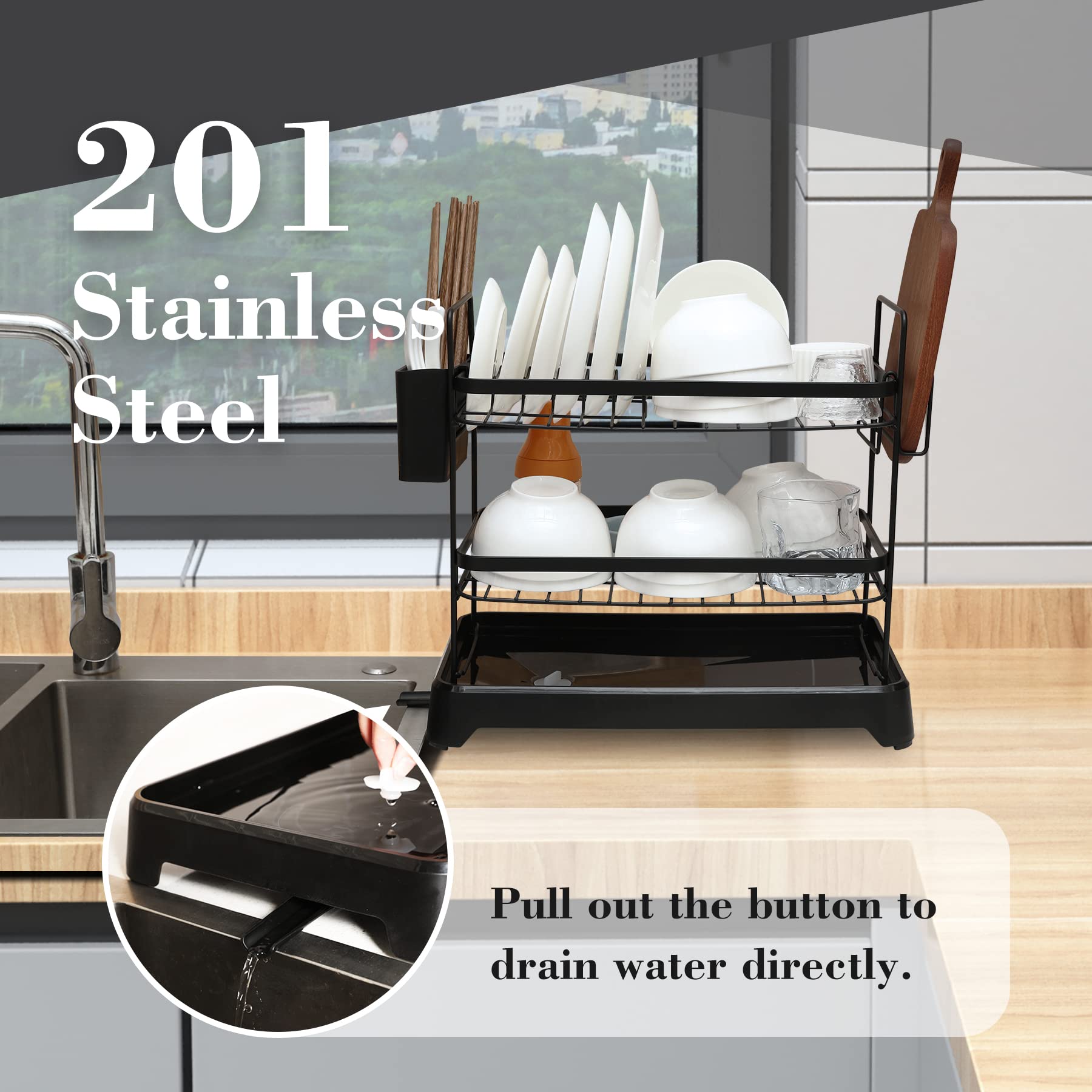 Sikobin Dish Drying Rack Stainless Steel 2 Tier Dish Rack Multifunctional Rustproof Dish Rack with Drainboard Utensil Holder for Kitchen Counter