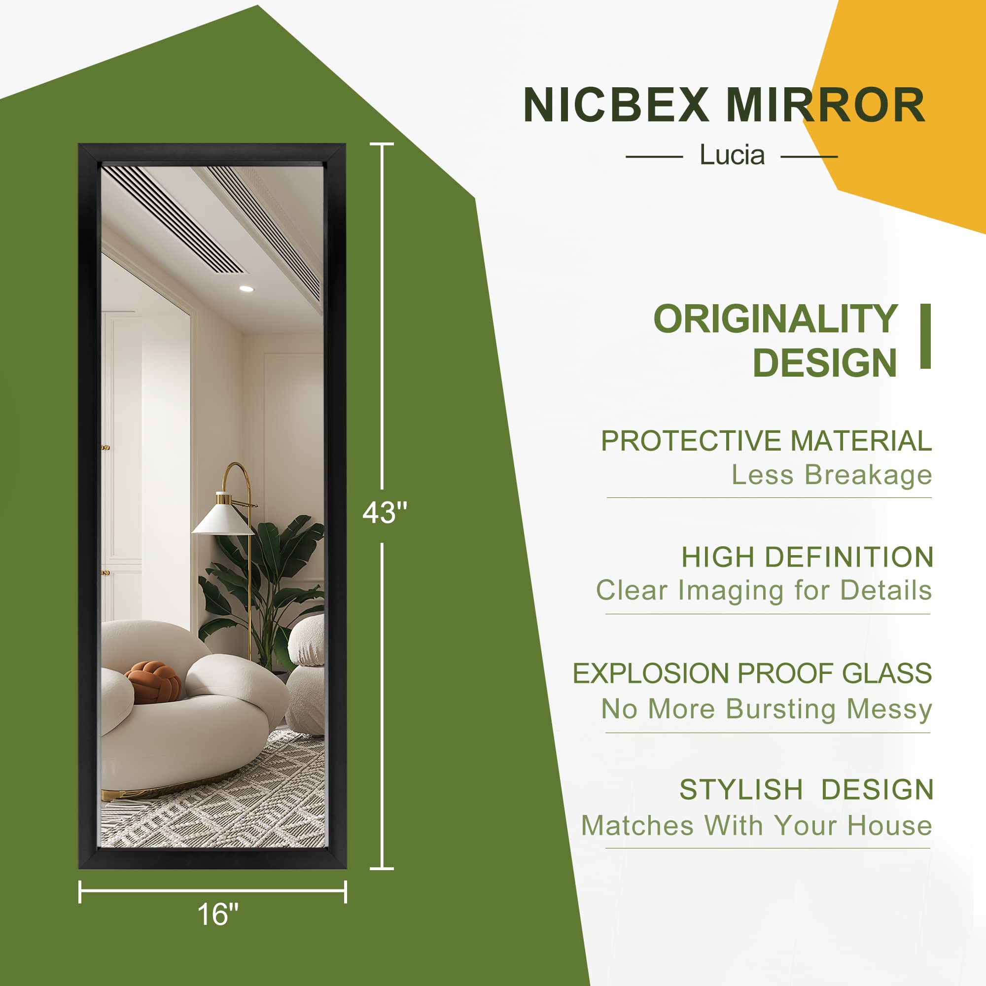 NicBex 43" x 16" Wall Mirror Full Length Mirror for Wall Hanging Wall Mirror for Bedroom Dorm Polystyrene Frame Black