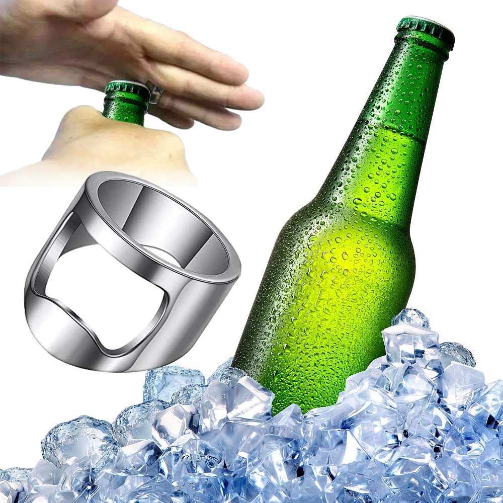 VQYSKO Bottle Opener Ring Band-Beer Bar Tool Creative Versatile Stainless Steel Finger Party Ring,Size 6 to 12 (Silver, 10)
