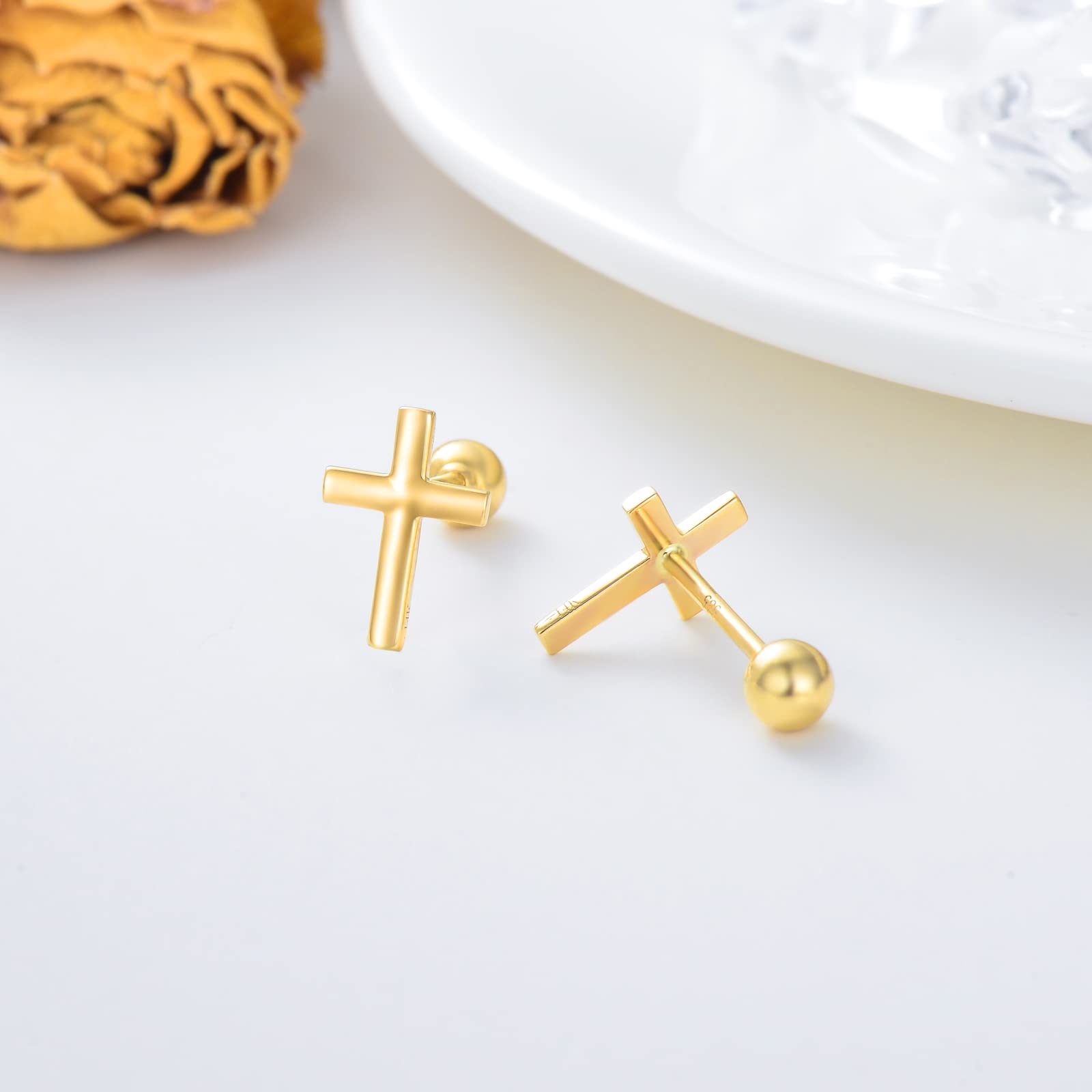 Solid 14k Gold Cross Stud Earrings for Women, Real Gold Ball Screw Back Double Sided Earrings