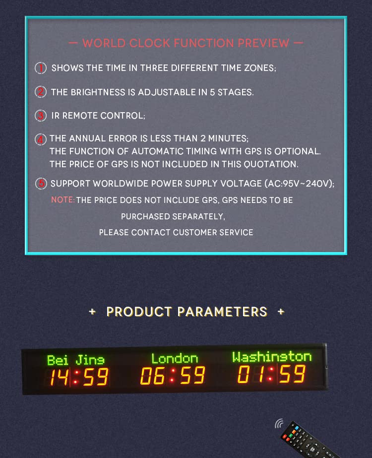 THINKHONGHAO Zhong Xiaoxiao Brand LED red and Green Digital Electronic 3 City World Clock Summer Digital World Clock displays time Brightness at Different Times