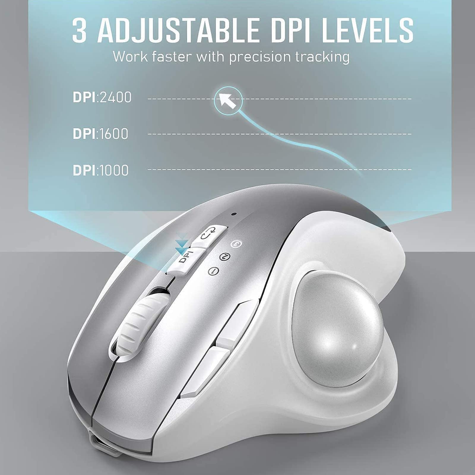 Wireless Trackball Mouse - 2.4G USB + Dual Bluetooth Rollerball Mouse, Easy Thumb Control, Rechargeable Ergonomic Trackball Mice for MacBook, Laptop, PC, iPad, Windows, Android, iOS (White Silver)