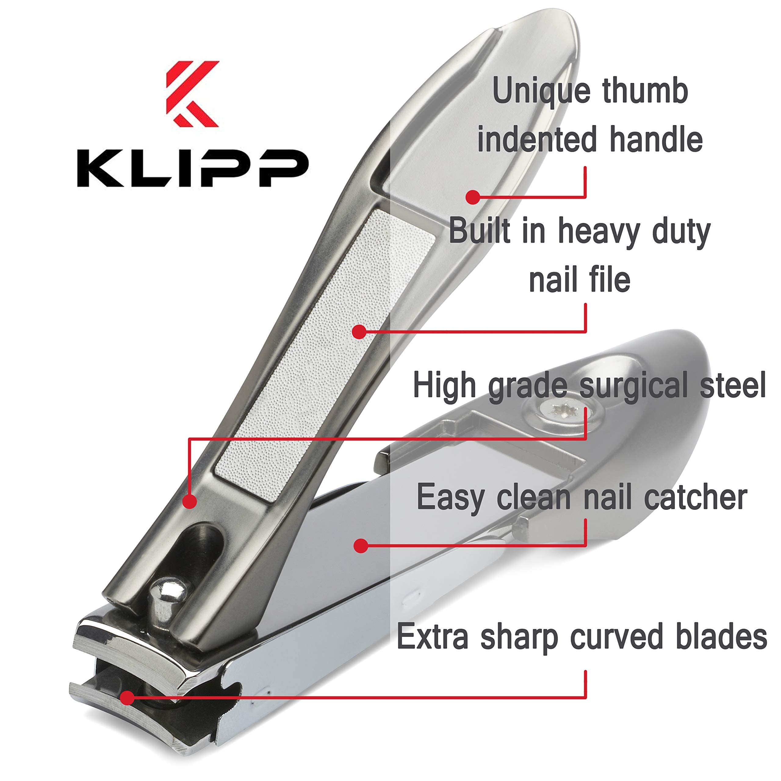 Nail Clippers with Catcher – KLIPP Heavy Duty Stainless Steel Fingernail and Toe Nail Cutter with Curved Surgical Blades and Built-in Nail File – Ergonomic Handle with Wide Jaws for Thick Nails
