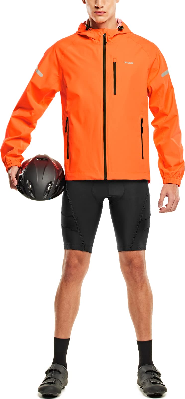 TSLA Men's Cycling Waterproof Jacket, Reflective Hoodie Windbreaker, Packable Bike Rain Jackets with Back Pocket, Cycling Neon Orange, Large