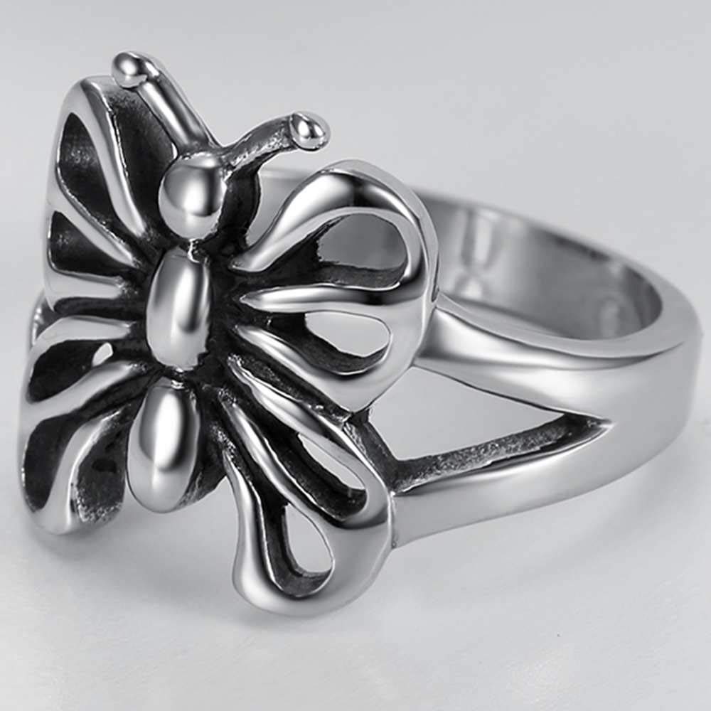 Retro Vintage Stainless Steel Butterfly Style Mother's Day Daughter Birthday Cocktail Party Biker Ring (Silver, 6)