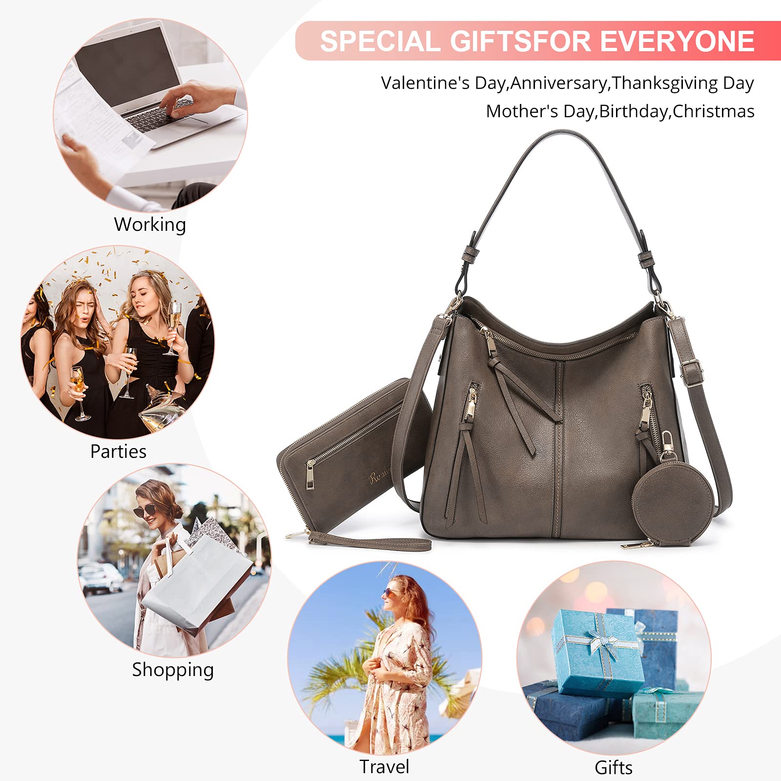 Realer Hobo Handbags Purses and Wallet Set for Women Shoulder Tote Bag with Adjustable Shoulder Strap Faux Leather