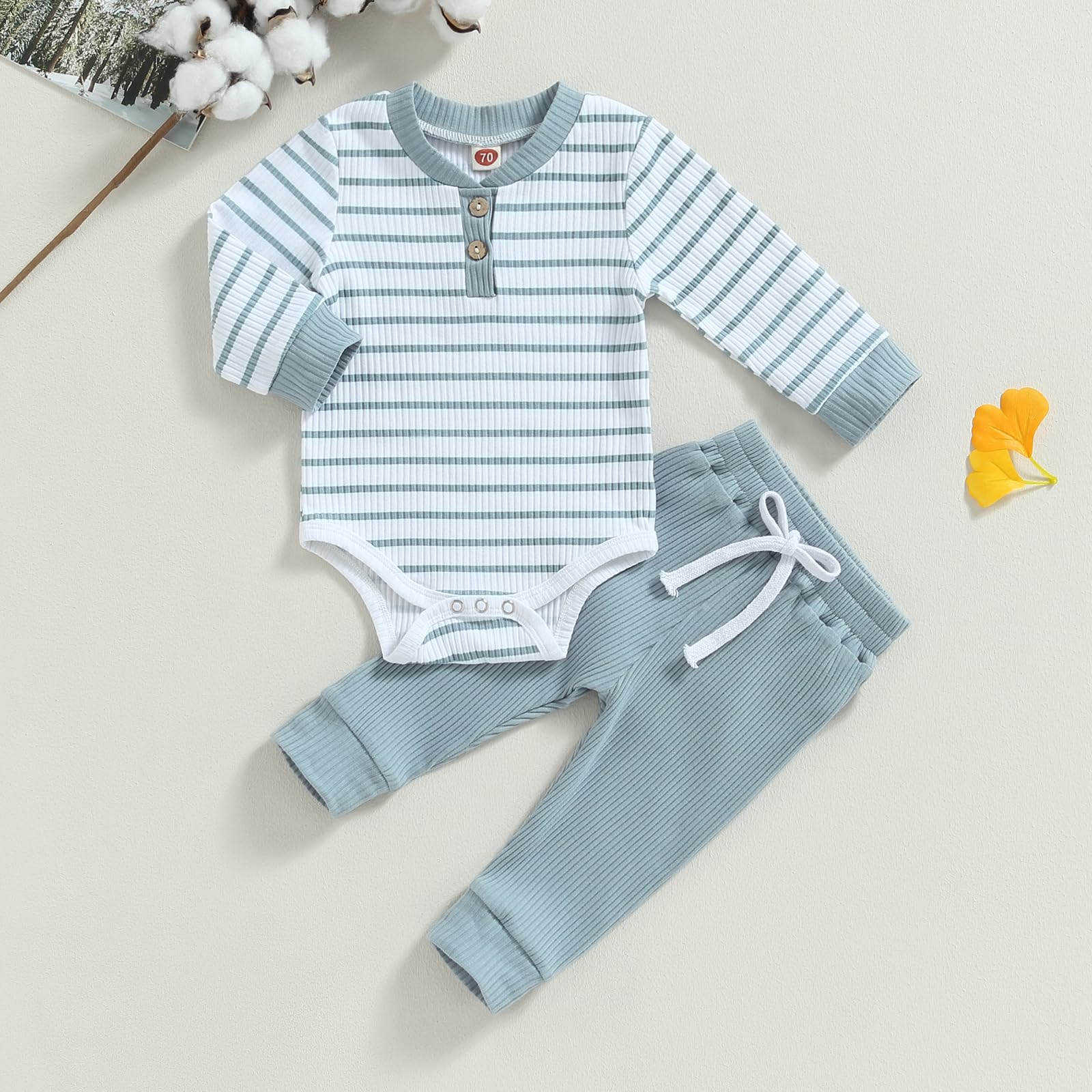 Newborn Baby Boy Girl Clothes Ribbed Knitted Long Sleeve Romper Pants Solid Cotton Infant Fall Winter Outfits 2Pcs (Striped Blue, 0-3 Months)