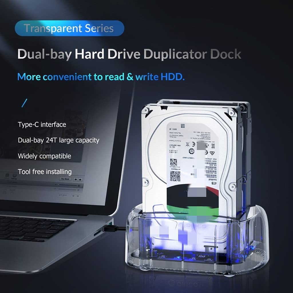 XXXDXDP 2 Bay SATA to USB 3.1 HDD 2.5" 3.5" Type C Transparent External Hard Disk Drive Enclosure