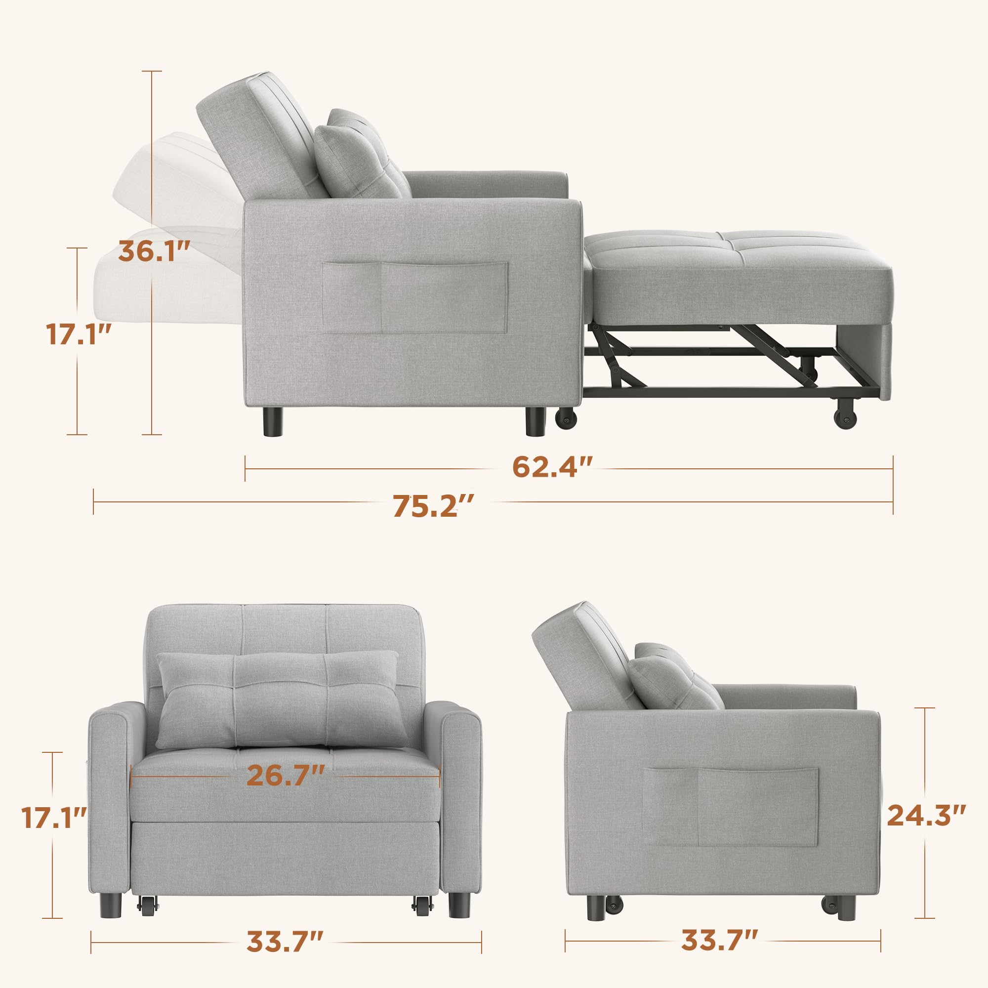 Noelse 34 Inch Convertible Sofa Chair 3-in-1, Sleeper Chair Bed Pull Out Chair Bed, Sofa Bed with Adjustable Backrest, Sleeper Sofa Living Room Reading Chairs for Office Apartment (Dark Gray)