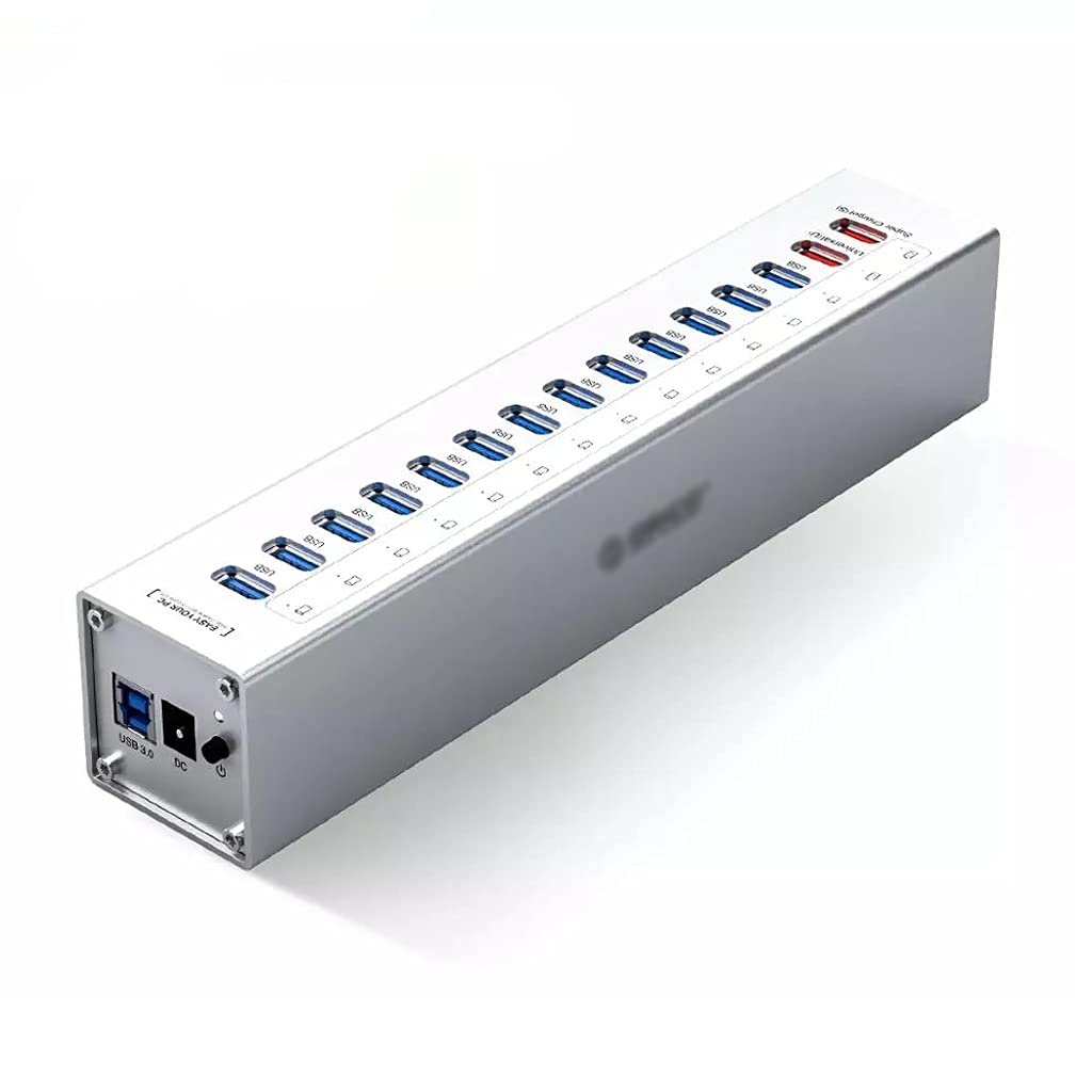 XXXDXDP Aluminum 13 Port Multi USB3.0 HUB Splitter with 12V/5A Independent Power Supply 2 Charging Port