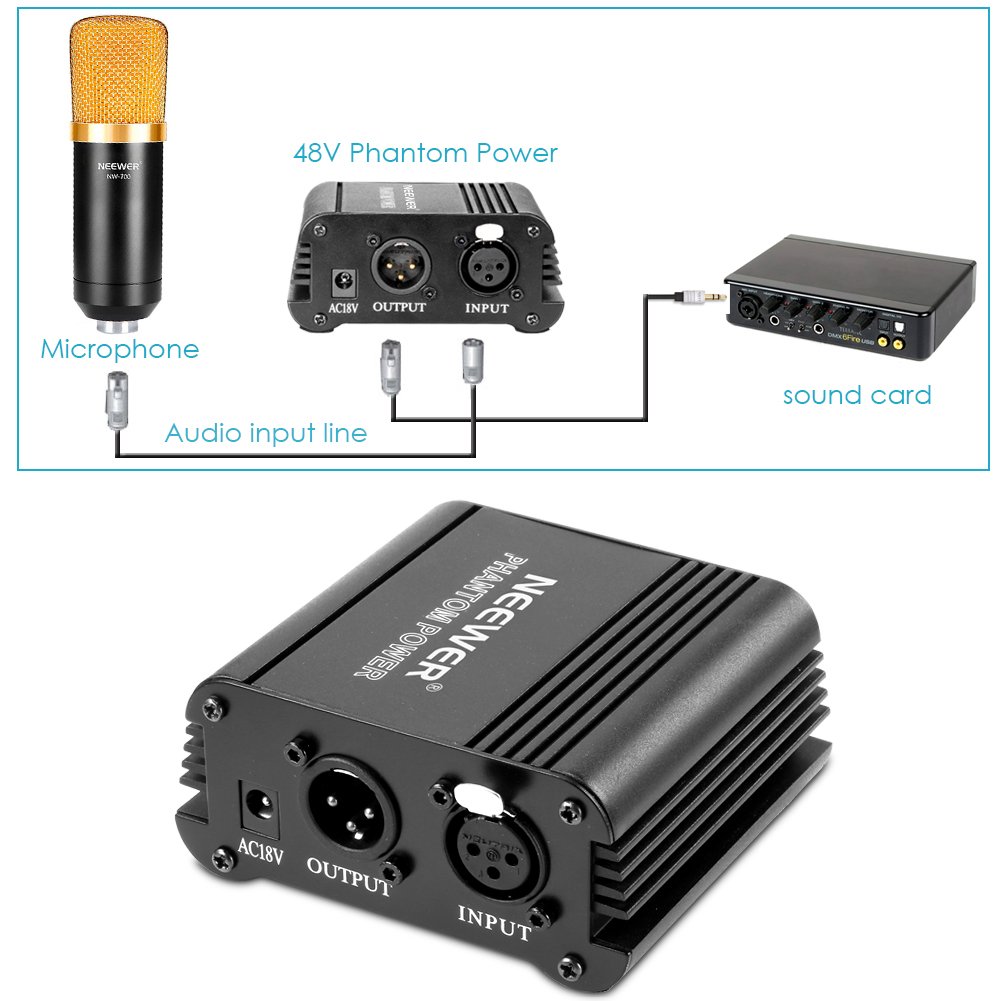 Neewer 1- Channel 48V Phantom Power Supply Black with Adapter and XLR Male to XLR Female Cable (2 Pack)