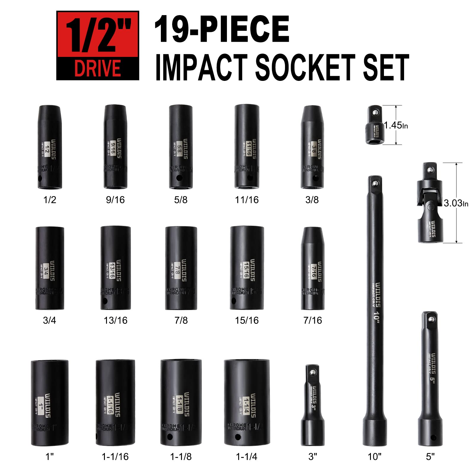 WIILDIS 1/4" Drive Impact Socket Set, 54-Piece, 6-Point, SAE/Metric, 5/32 Inch - 9/16 Inch, 4mm - 15mm, Standard/Deep,CR-V, Heavy Duty Storage Case for Household, Automotive Repair & DIY Project
