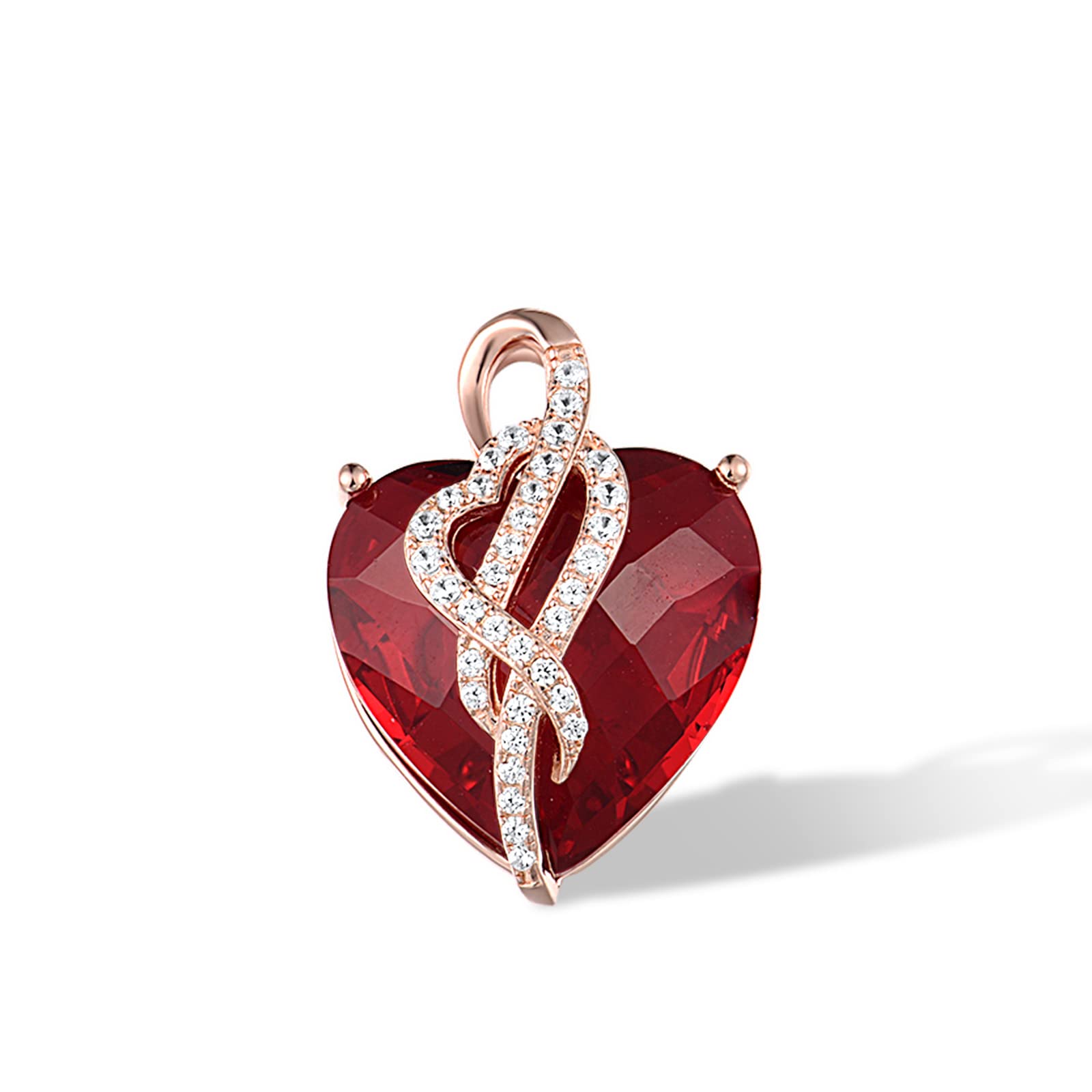 Santuzza Heart Shape Pendant 14K Rose Gold Plated Sterling Silver Red Glass Cubic Zirconia Love Heart Pattern Pendant for Women
