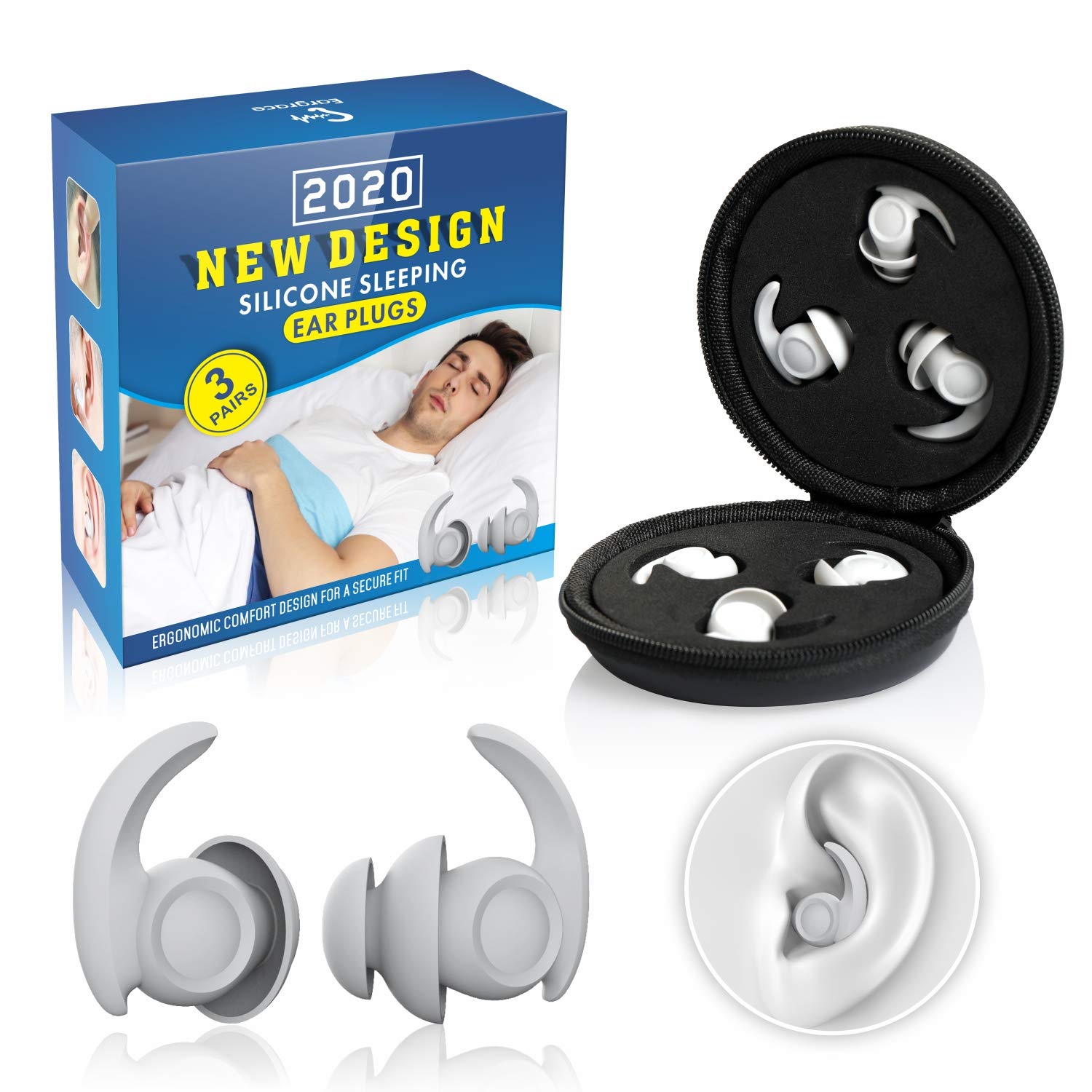 Noise Reduction Ear Plugs for Sleeping, Eargrace 3 Pairs of Different Sizes Ear Plugs, Ultra Comfortable Silicone Reusable Ear Plugs for Sleeping, Snoring and Hearing Protection