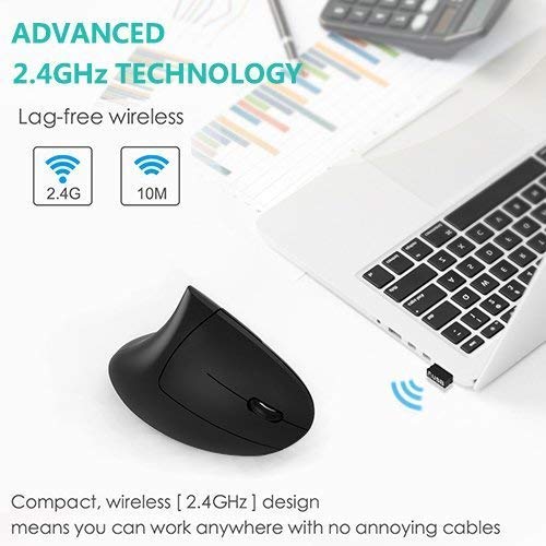 Rechargeable Wireless Vertical Ergonomic Mouse, 2.4G USB Optical Vertical Mouse with 3 Adjustable DPI 800/1200/1600 Levels 6 Buttons for Computer, Laptop, PC, MacBook- Black
