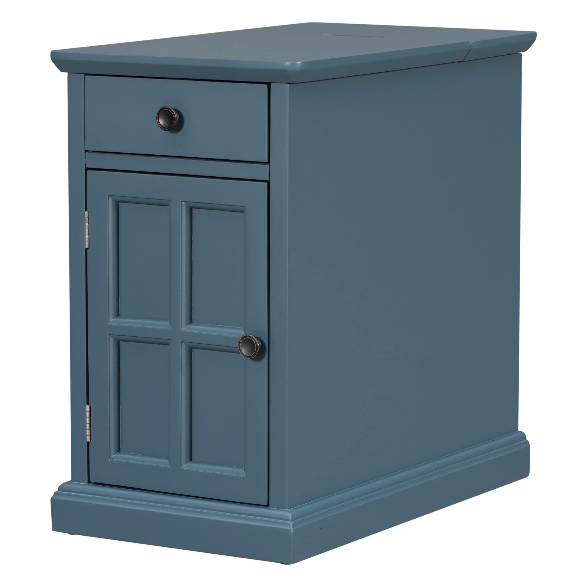 Multifunctional Classic Vintage End Table with USB Ports and 1 Drawer with cup holders, Sofa Side Table Bedside Nightstand Narrow Table for Living Room Bedroom (Antique Navy)
