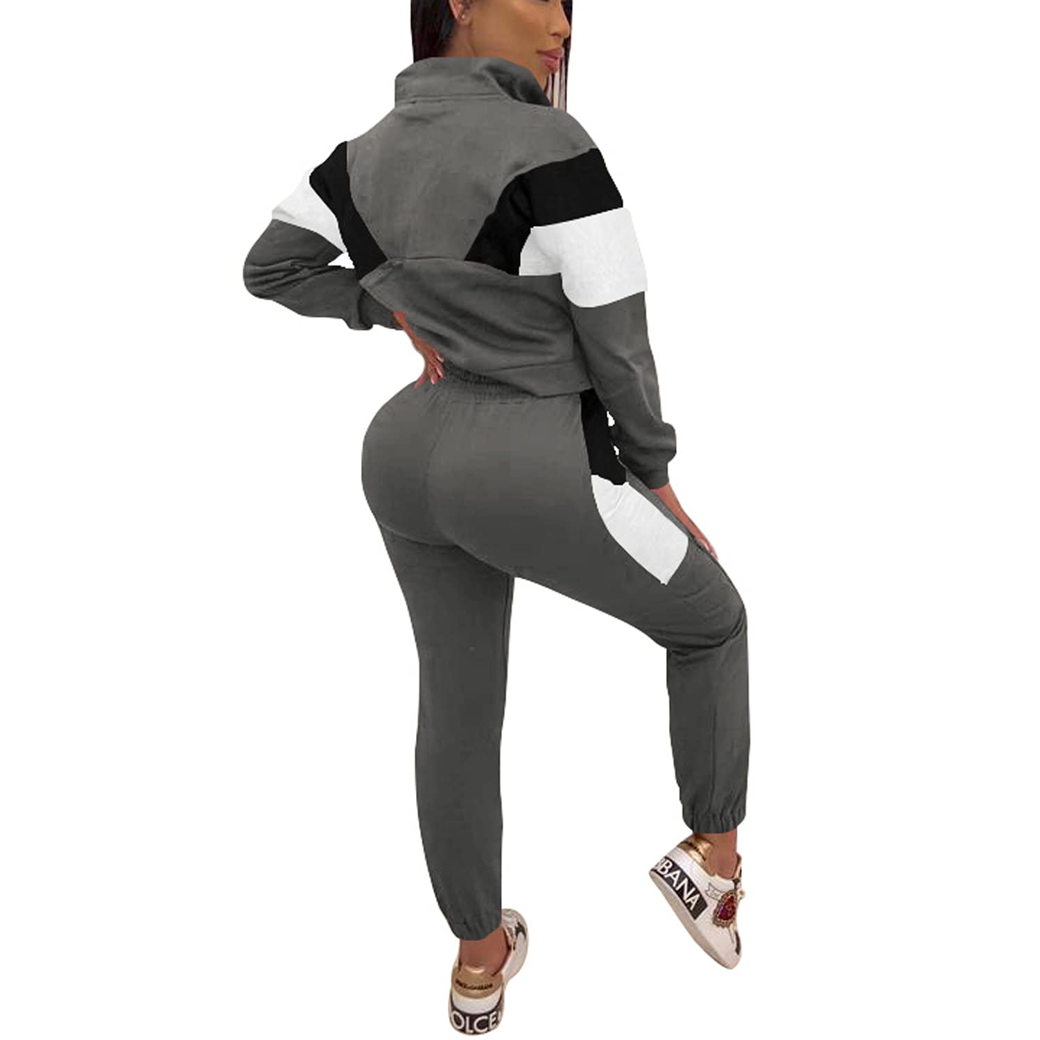 Nimsruc Womens 2 Piece Tracksuit Long Sleeve Casual Patchwork Pullover Pants Set Blue L