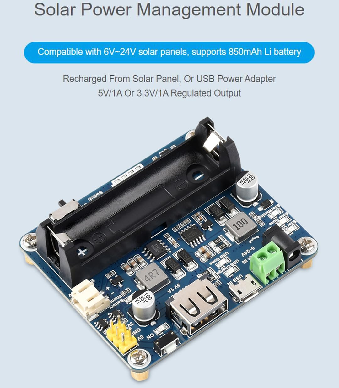 Recharged Solar Power Management Module for 6V~24V Solar Panel, Support Solar Panels, Or USB Power Adapter Battery Charging, 5V/1A or 3.3V/1A Regulated Output
