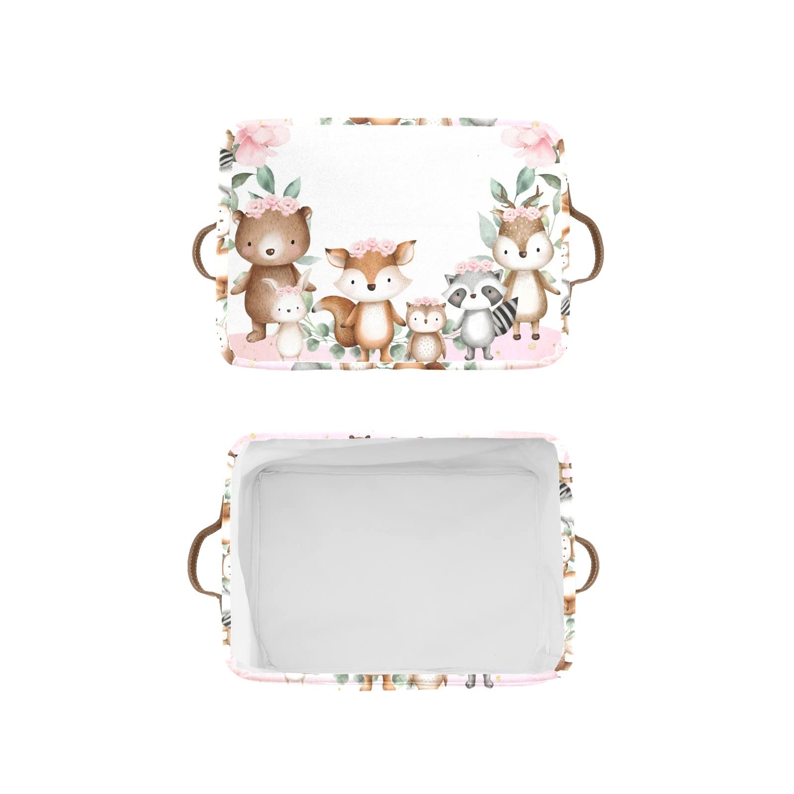 Woodland Animals Pink Floral Personalized Storage Bins,Foldable Baskets Organizer with Handle for Nursery Pet Toy Clothes Box 4 Packs